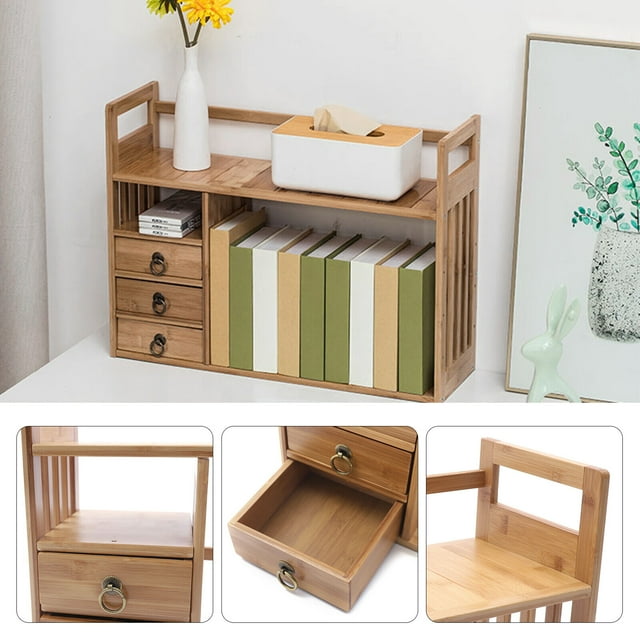 Desktop Bookshelf Wood Storage Rack Adjustable Display Table Shelf ...