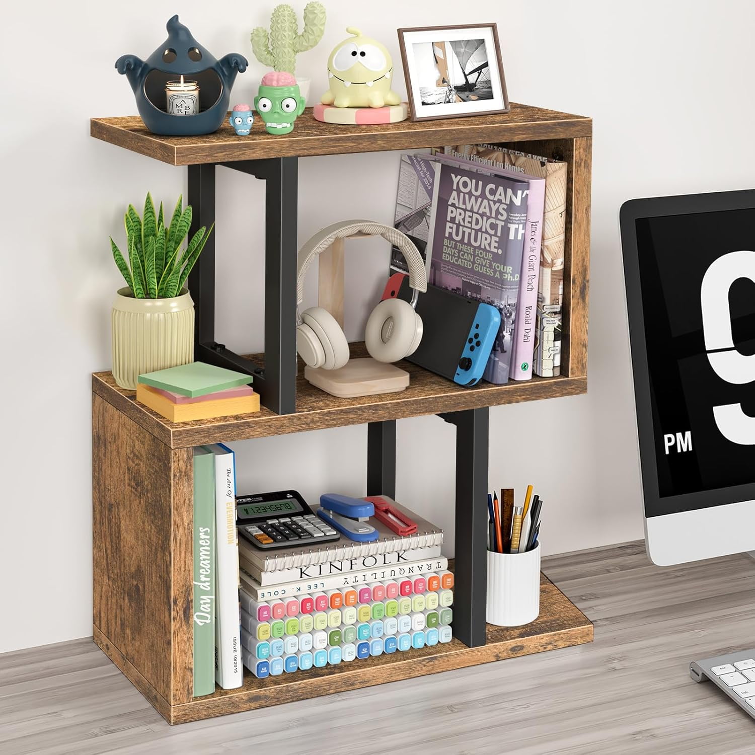Desktop Bookshelf for Top of Desk Shelf - Brown Book Organizer 3-Tier ...