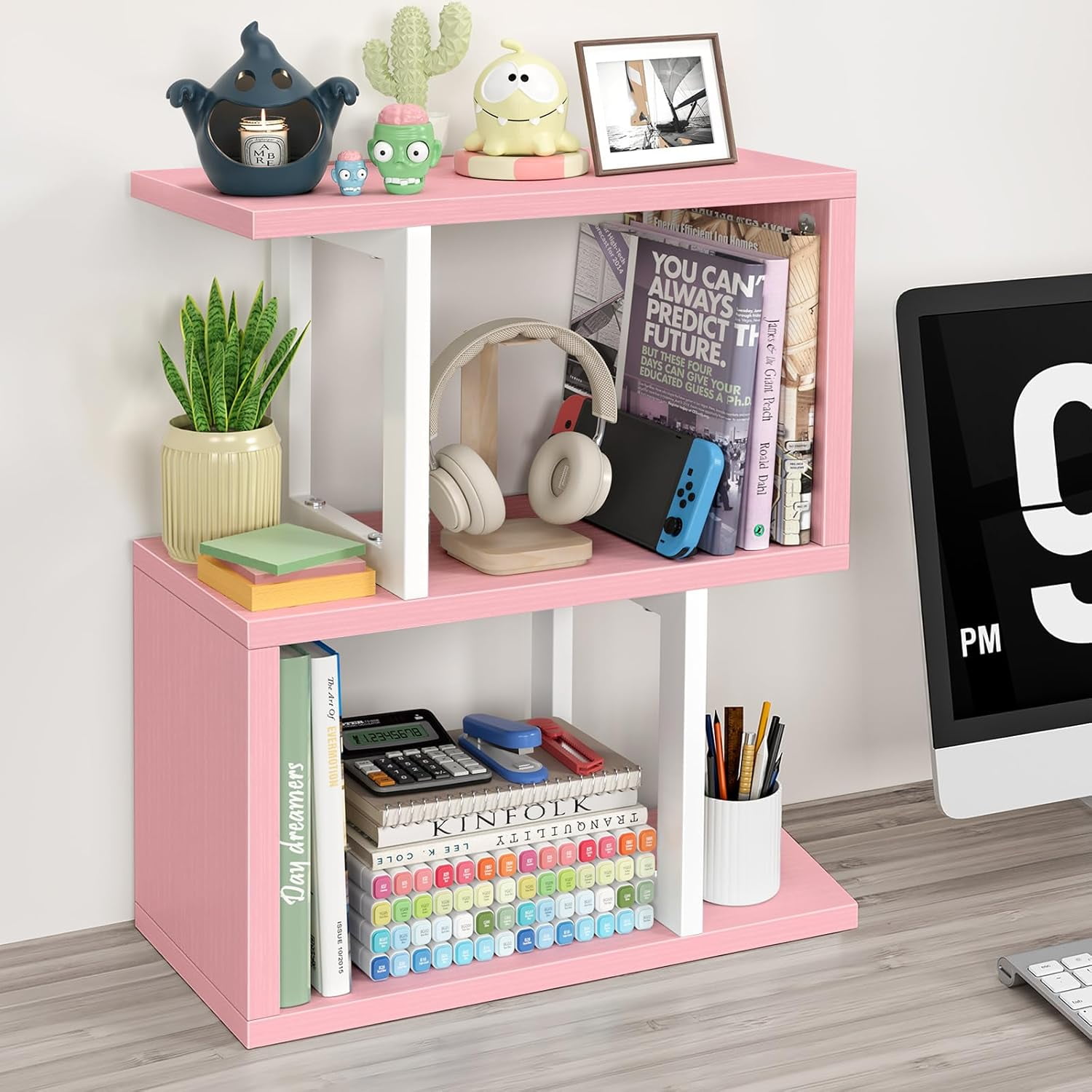 Desktop Bookshelf for Top of Desk Shelf - Pink Book Organizer 3-Tier ...