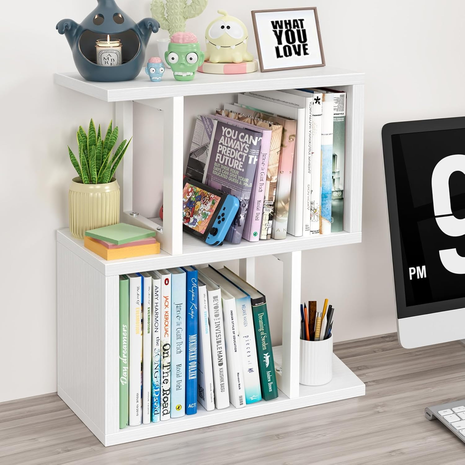 Desktop Bookshelf for Top of Desk Shelf - White Book Organizer 3-Tier ...