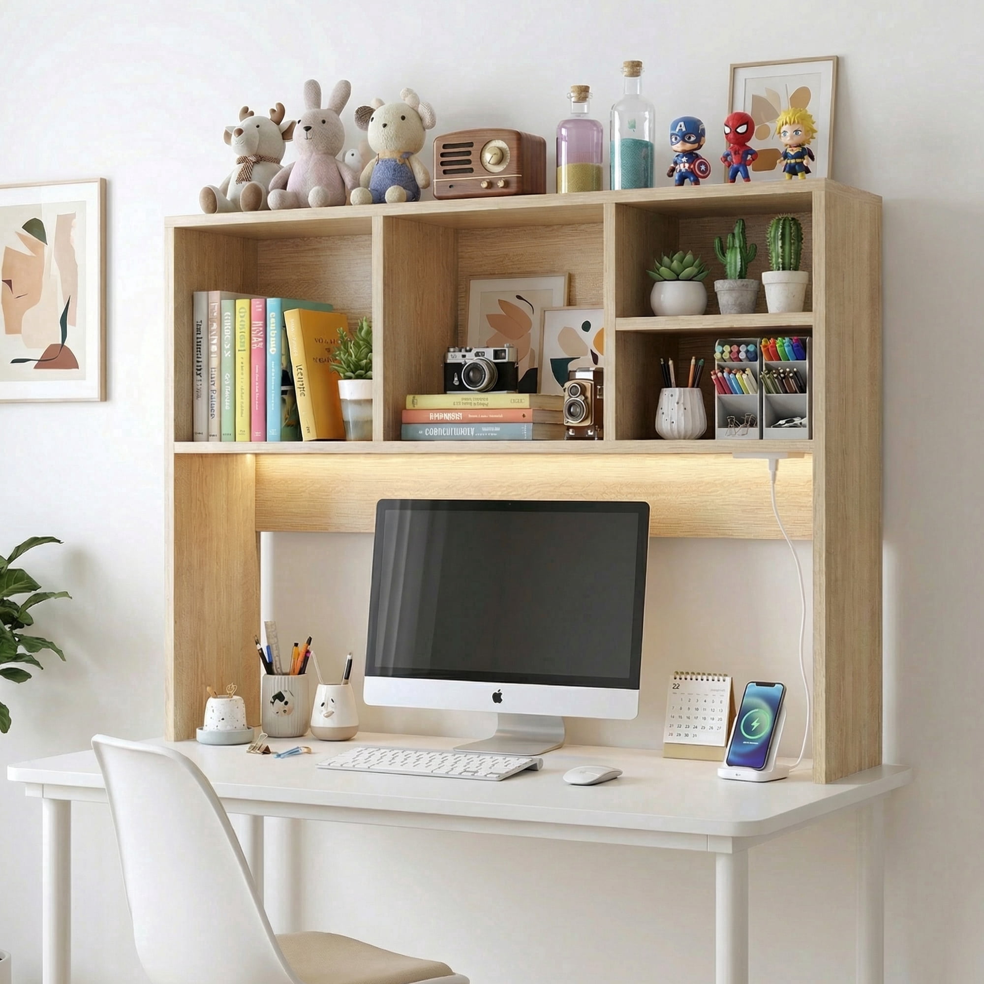 Desktop Bookshelf with Charging Station & LED Light, 3-Tier Display ...