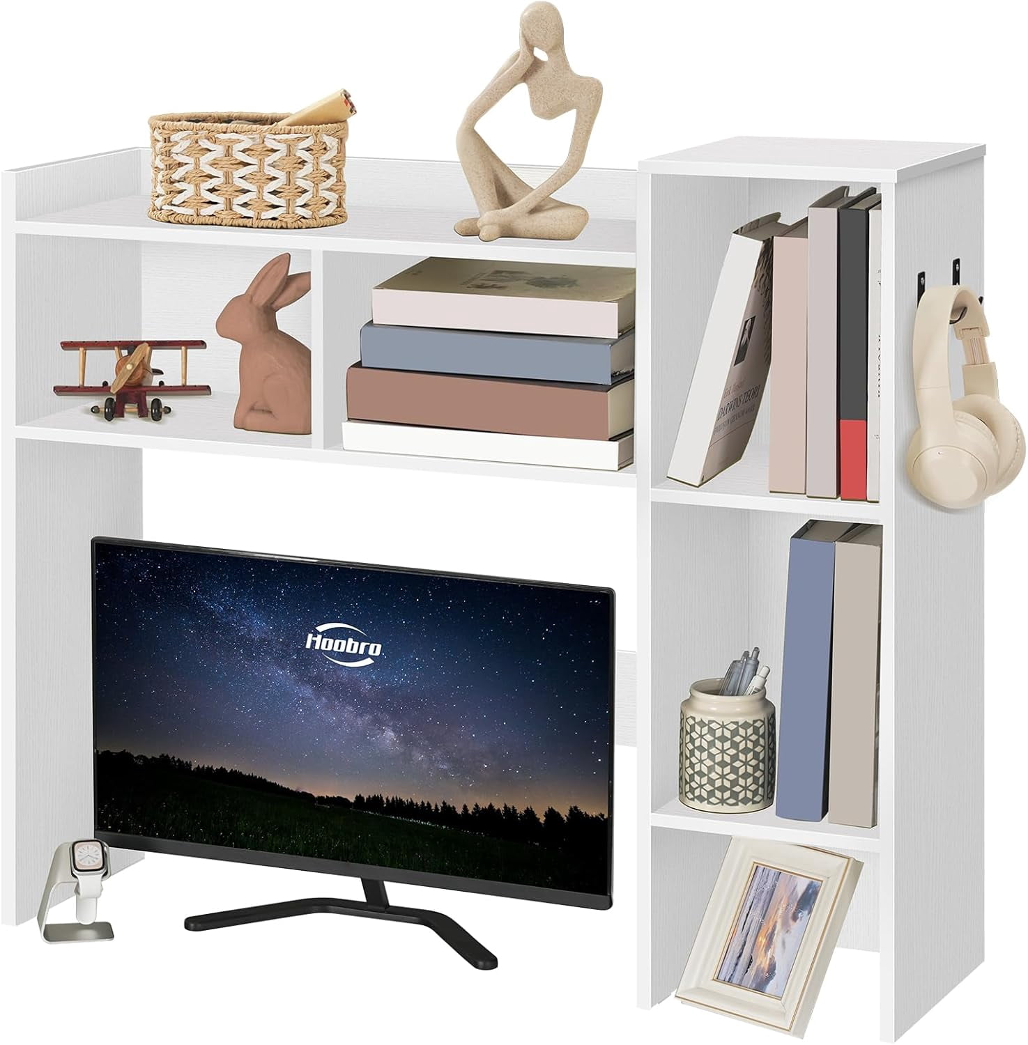 Desktop Bookshelf with Hooks and Compartments, Wooden Office Countertop ...