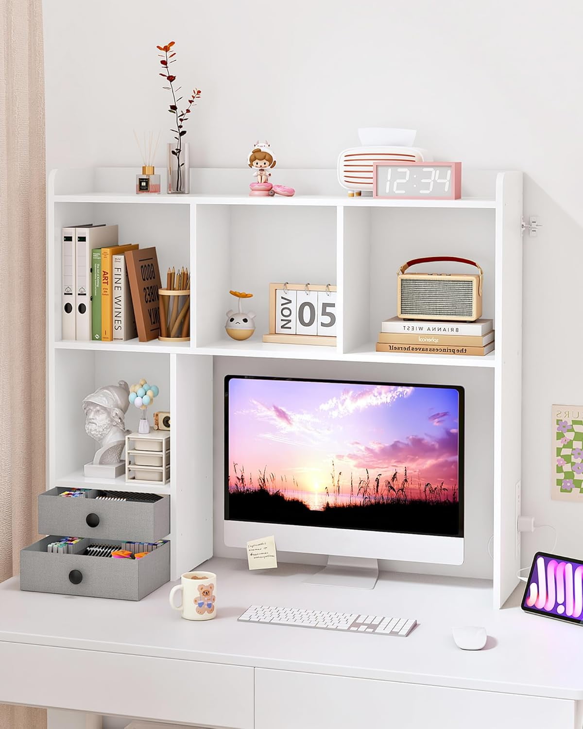 Desktop Bookshelf with Outlets, Office Desktop Shelf, Desk Hutch ...