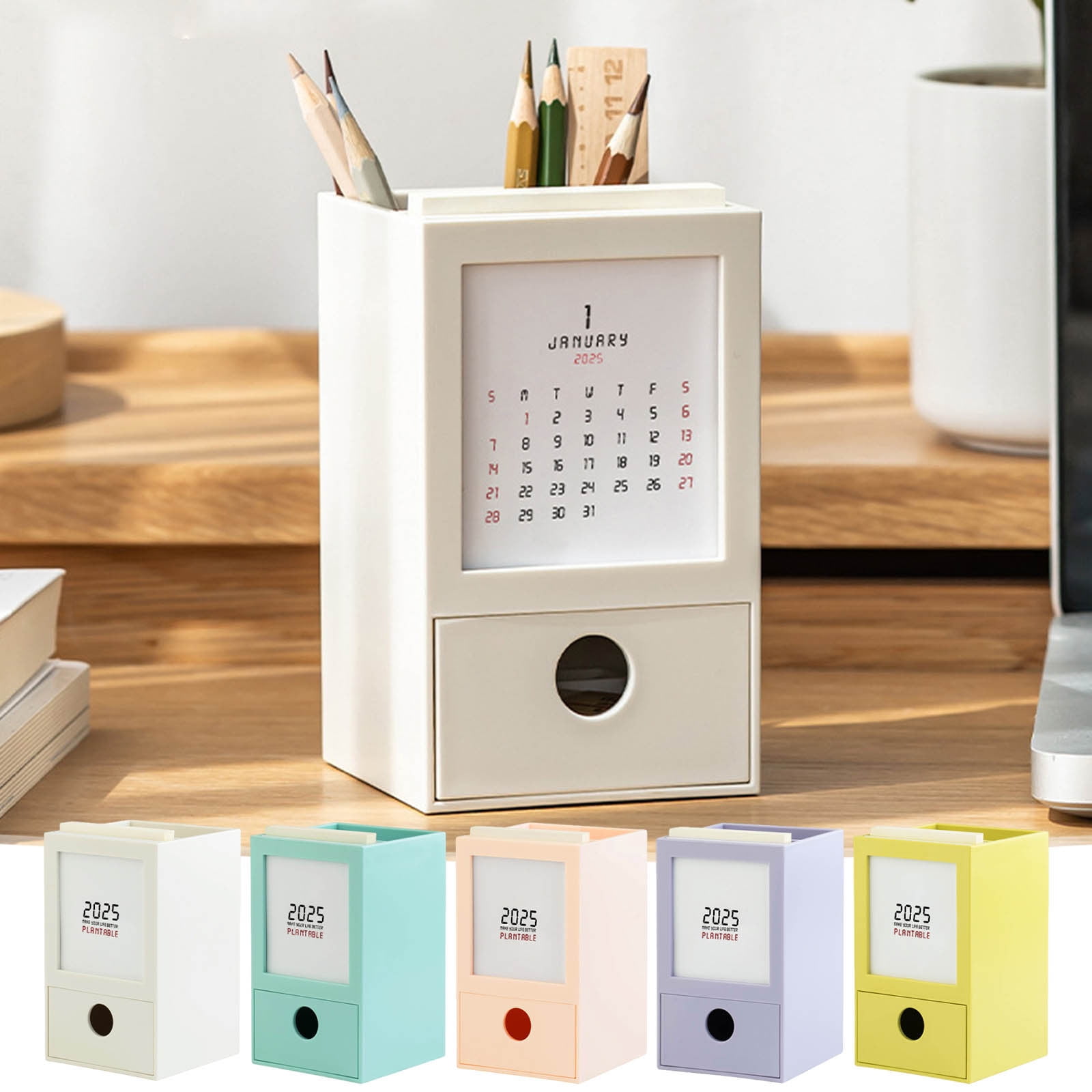 Desktop Calendar Organizer with Pen Holder Storage Box, Multi ...