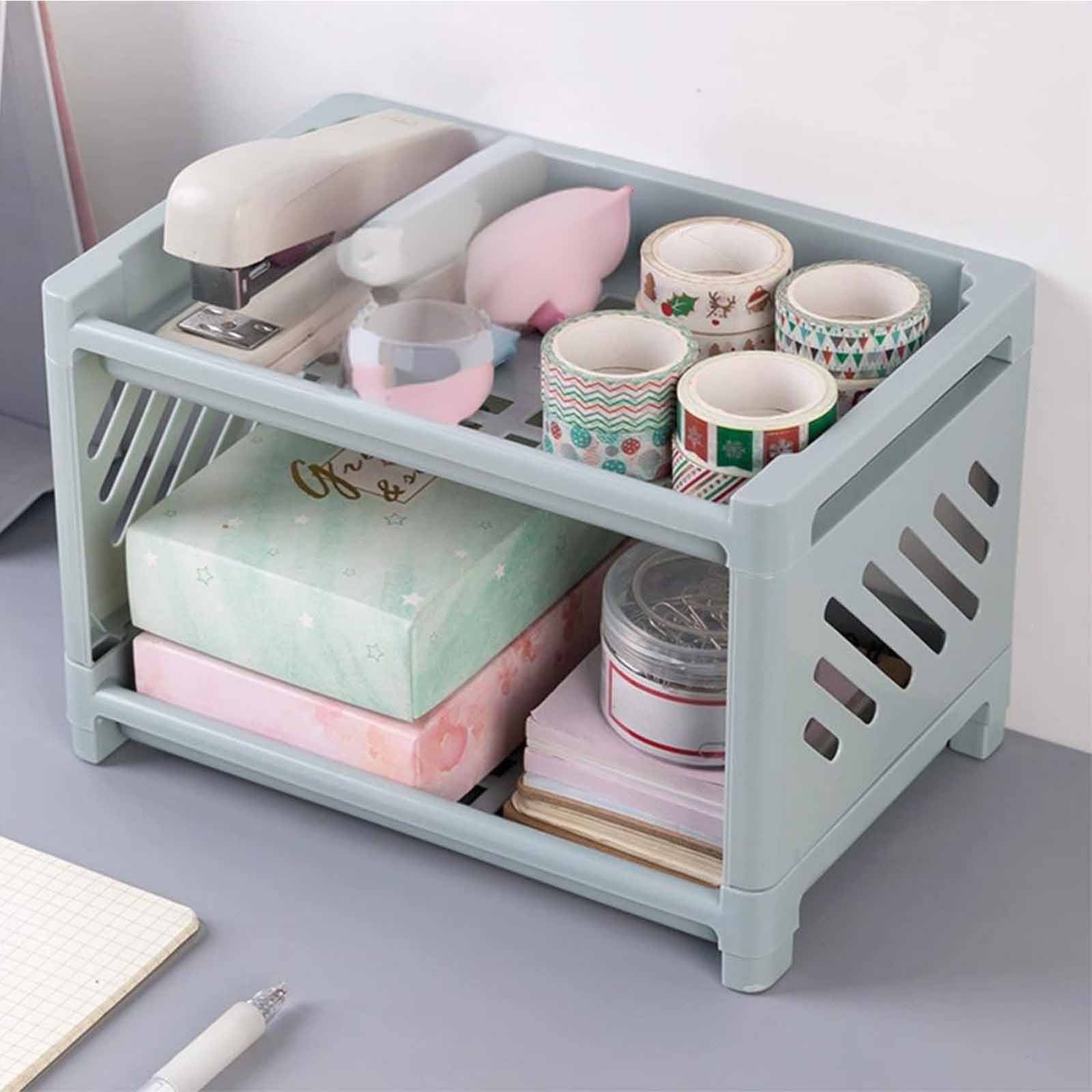 Desktop Double Plastic Organizer Shelf | Multi-Compartment Storage Rack ...