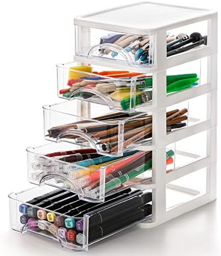 Desktop Drawer, Clear 5 Drawer Desktop Storage Unit, White Frame with ...