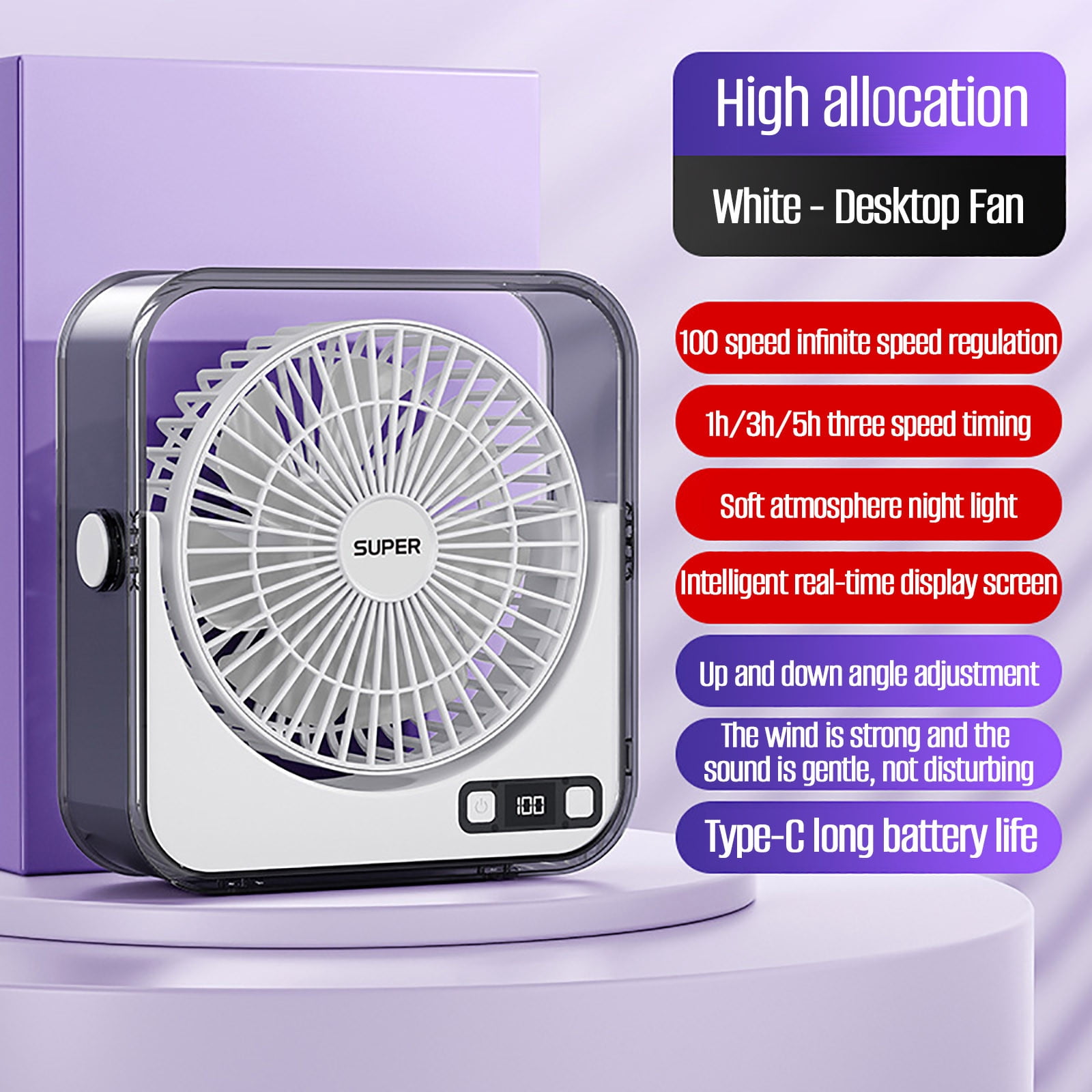 Desktop Fan LED Digital Display Small Fan Portable USB Charging Cycle ...