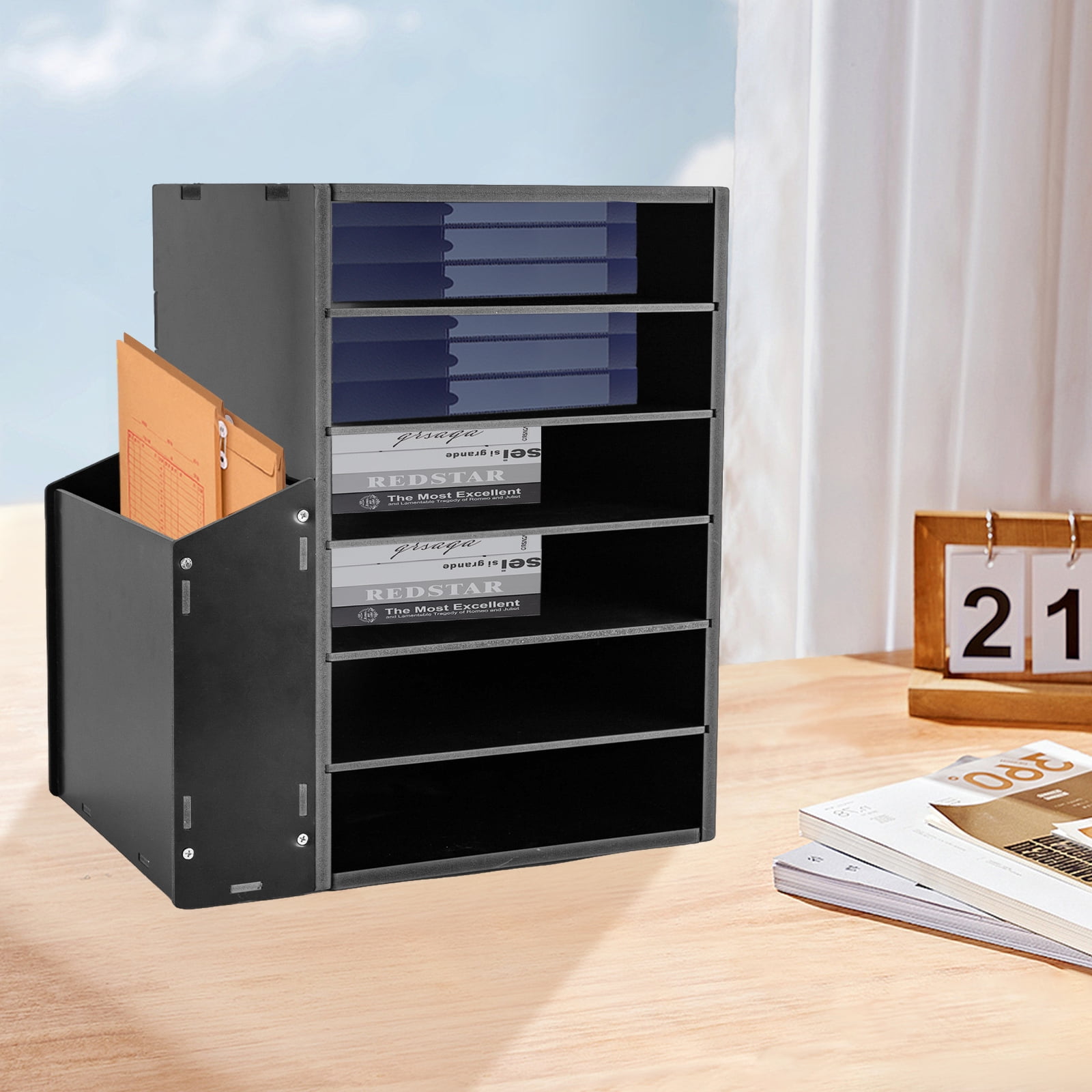 Desktop File Organizer with 6 Tiers, Side Cabinet, Anti-Slip Pads ...