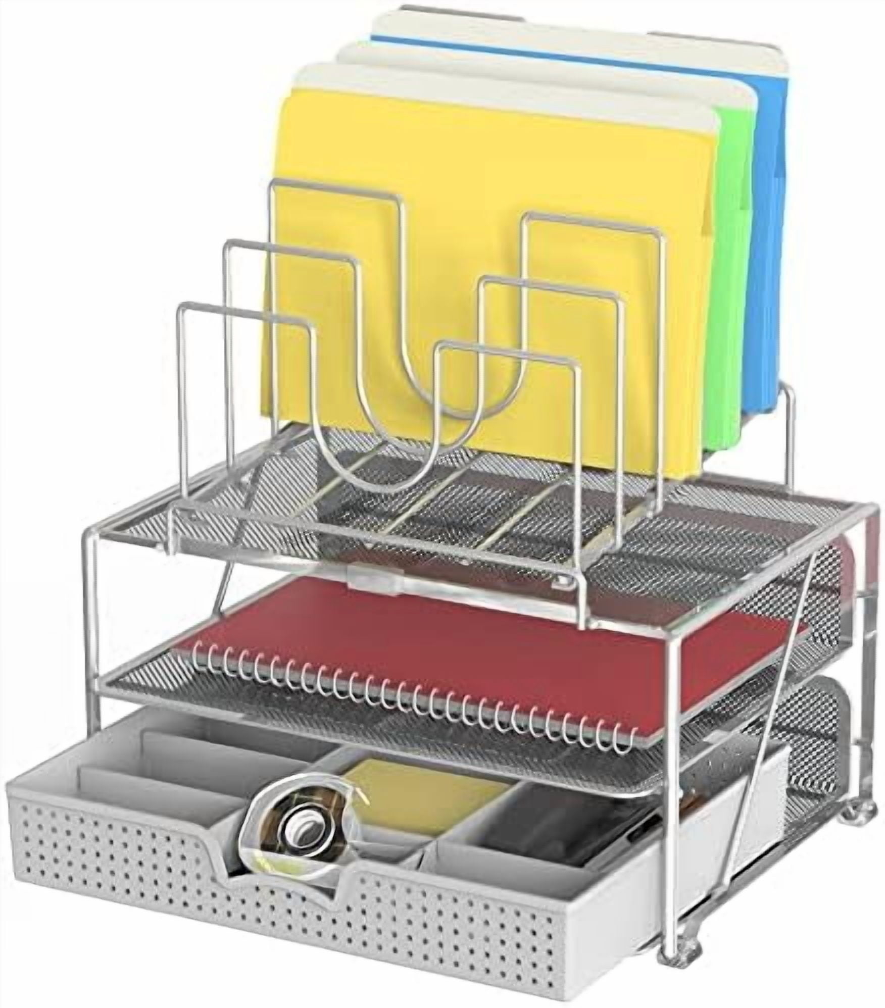 Desktop File Organizer with Double Tray and 5 Folder Stand, Silver ...