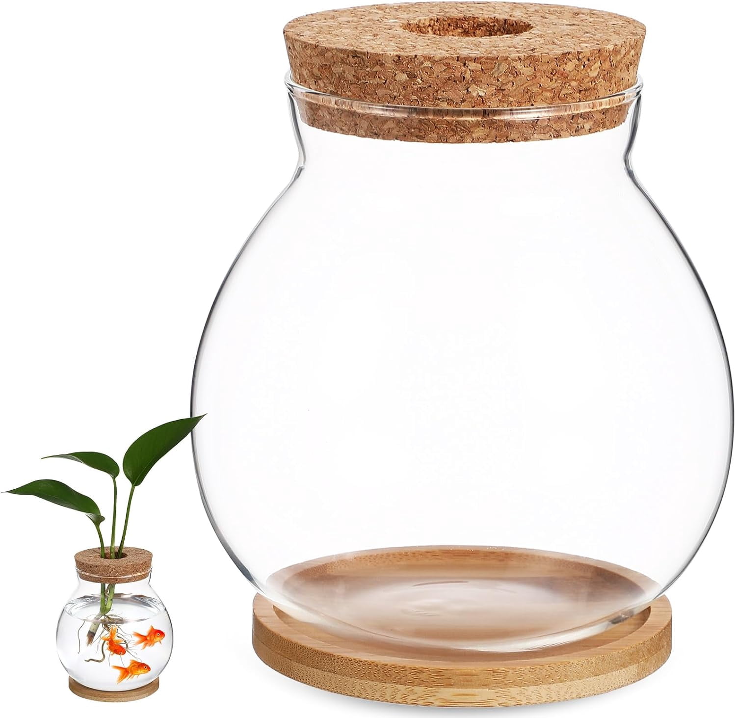 Desktop Fish Bowl Clear Glass Small Betta Fish Tank with Wood Lid and ...