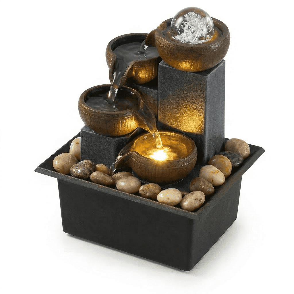 Desktop Fountain Level 4 Tabletop Waterfall - LED Lights, Indoor, Brown ...