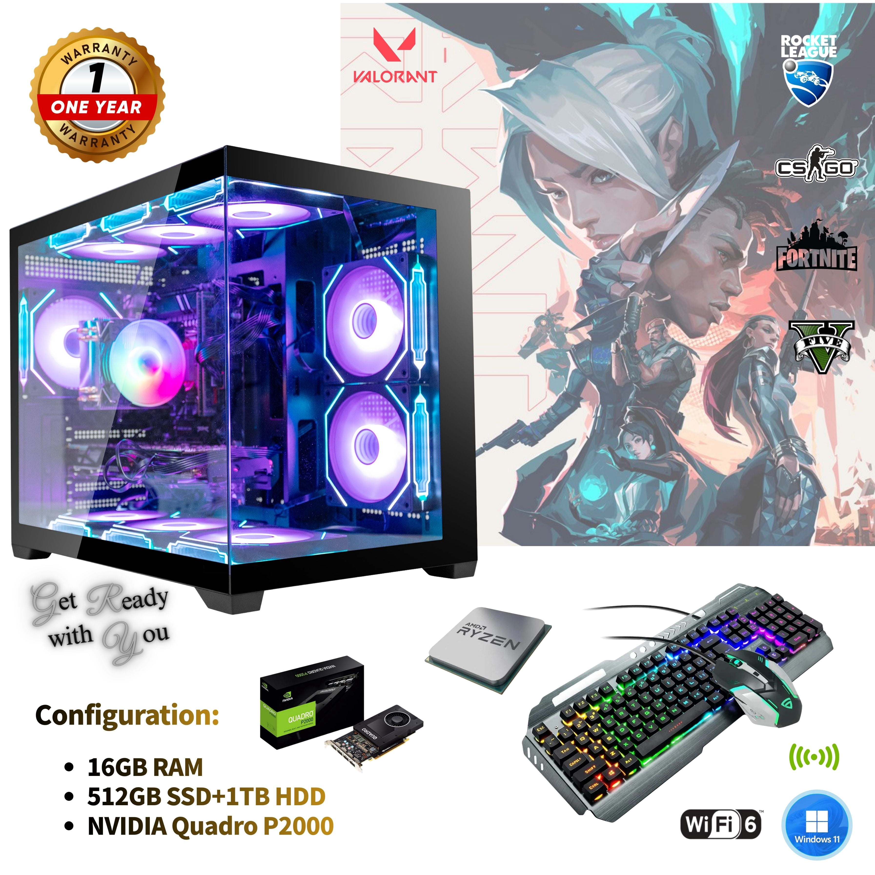 Desktop Gaming PC, AMD Ryzen 5 PRO 2400G,NVIDIA Quadro P2000, 16GB RAM ...