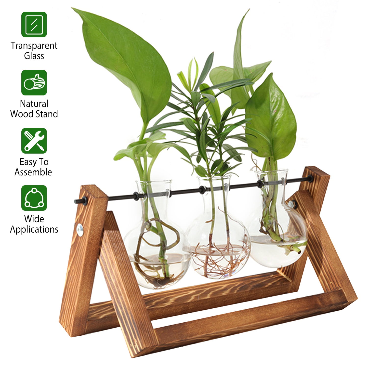 Desktop Glass Bulb Planter with Wooden Stand Metal Swivel Plant Vase ...