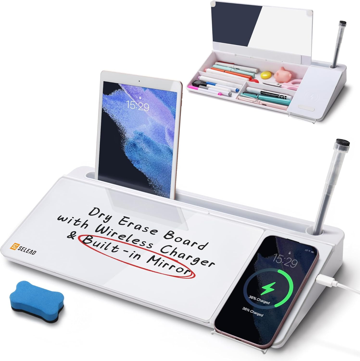 Desktop Glass Whiteboard with Wireless Charger Station, Dry Erase Board ...