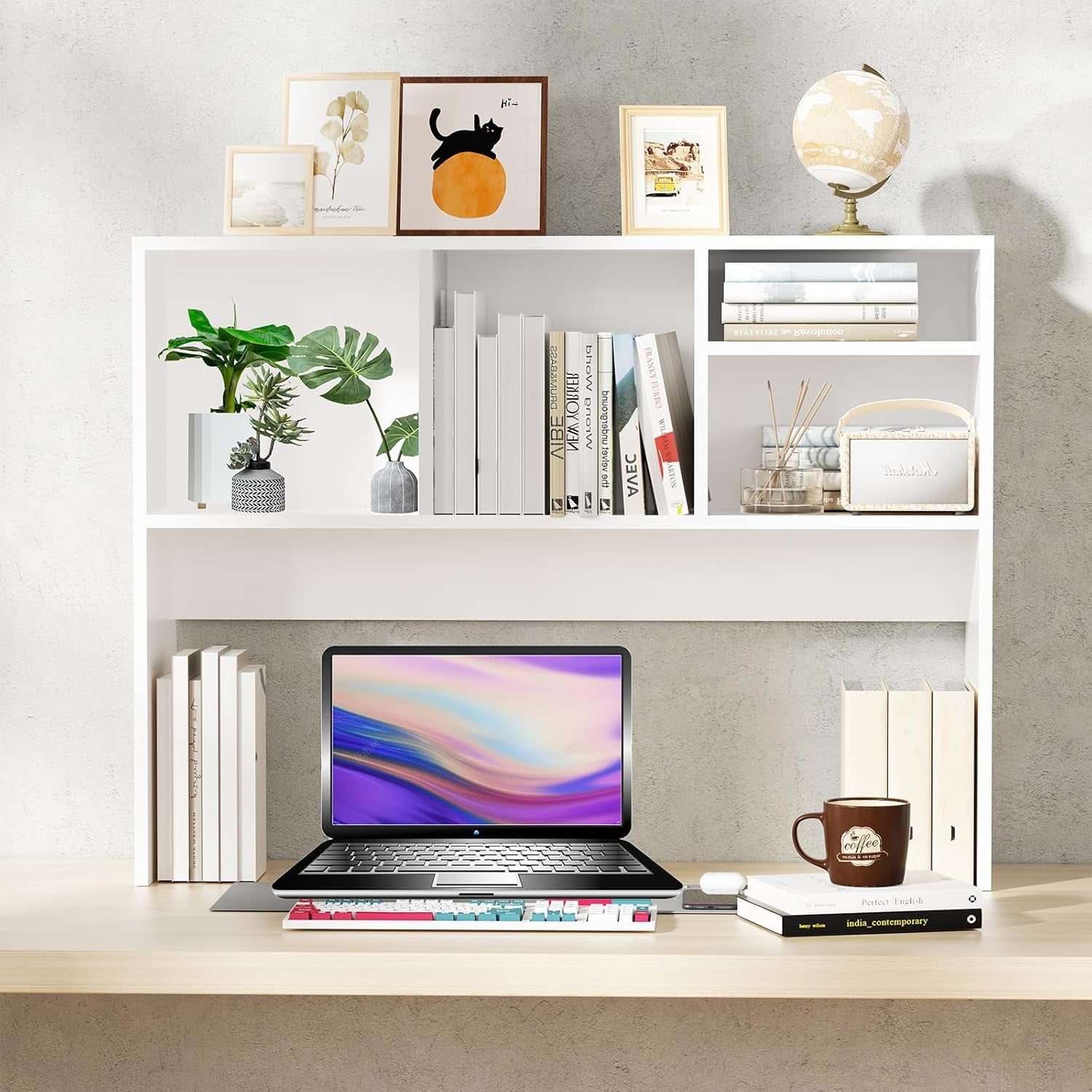 Desktop Hutch Shelf, Countertop Storage Bookshelf with 4 Cubes for ...