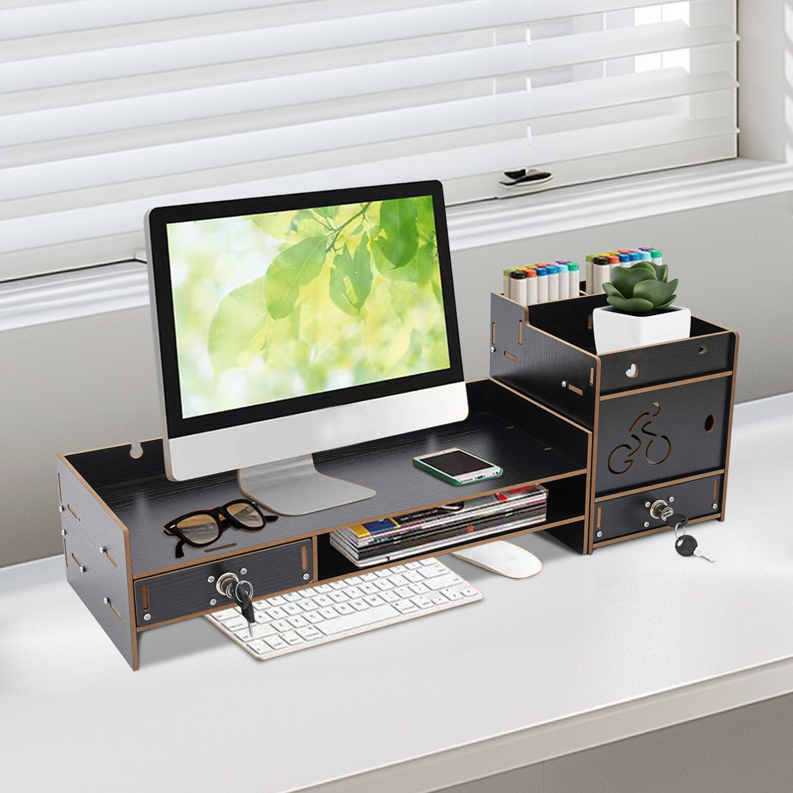 Desktop Monitor Riser, Black, Monitor Stand Organizer w/ Drawer for ...