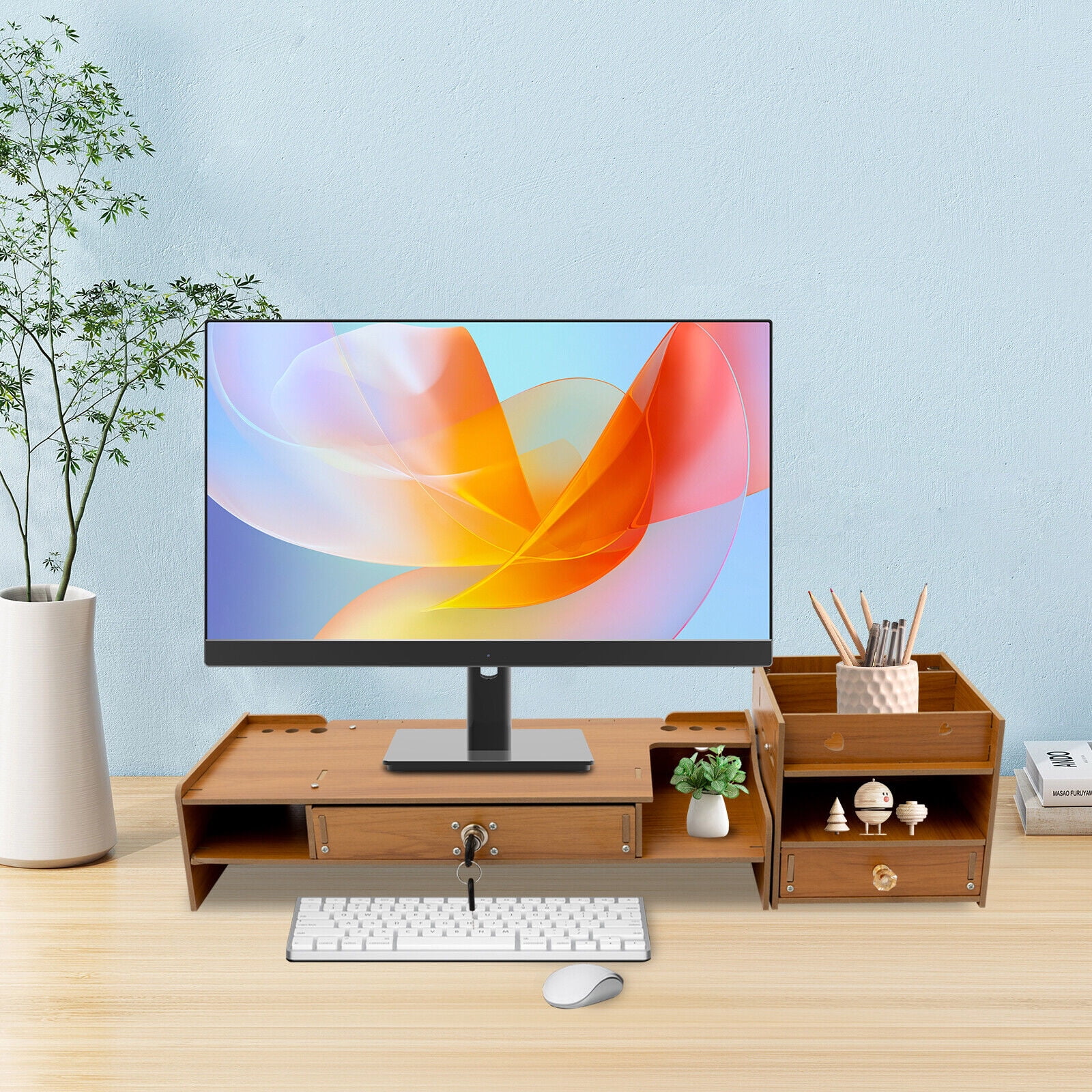 1 PCS Cherry Wood Color Desktop Monitor Stand, Monitor Riser, Computer ...