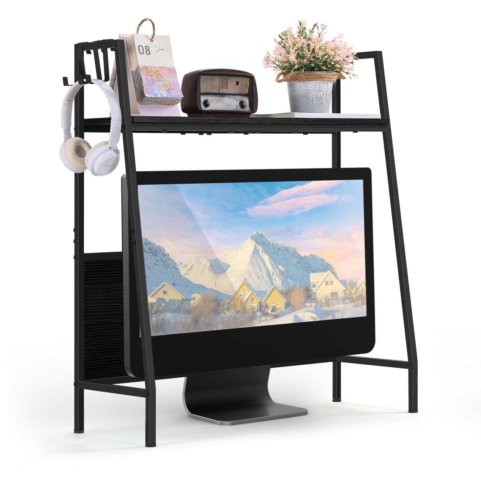 Desktop Monitor Stand with Shelf - Matte Black Iron Frame + Woodgrain ...