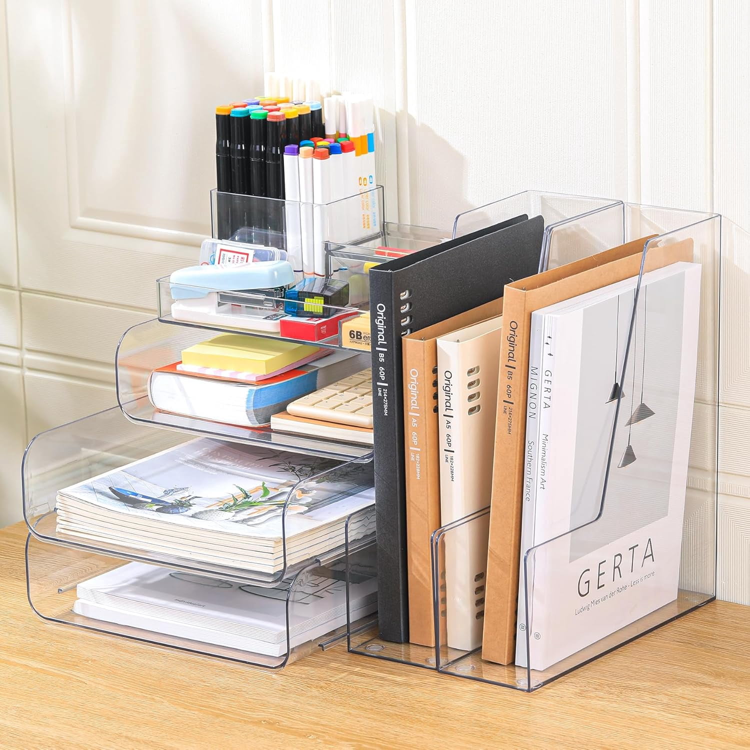 Desktop Organizer with 2 Vertical File Holders, 4-Tier Stackable Paper ...