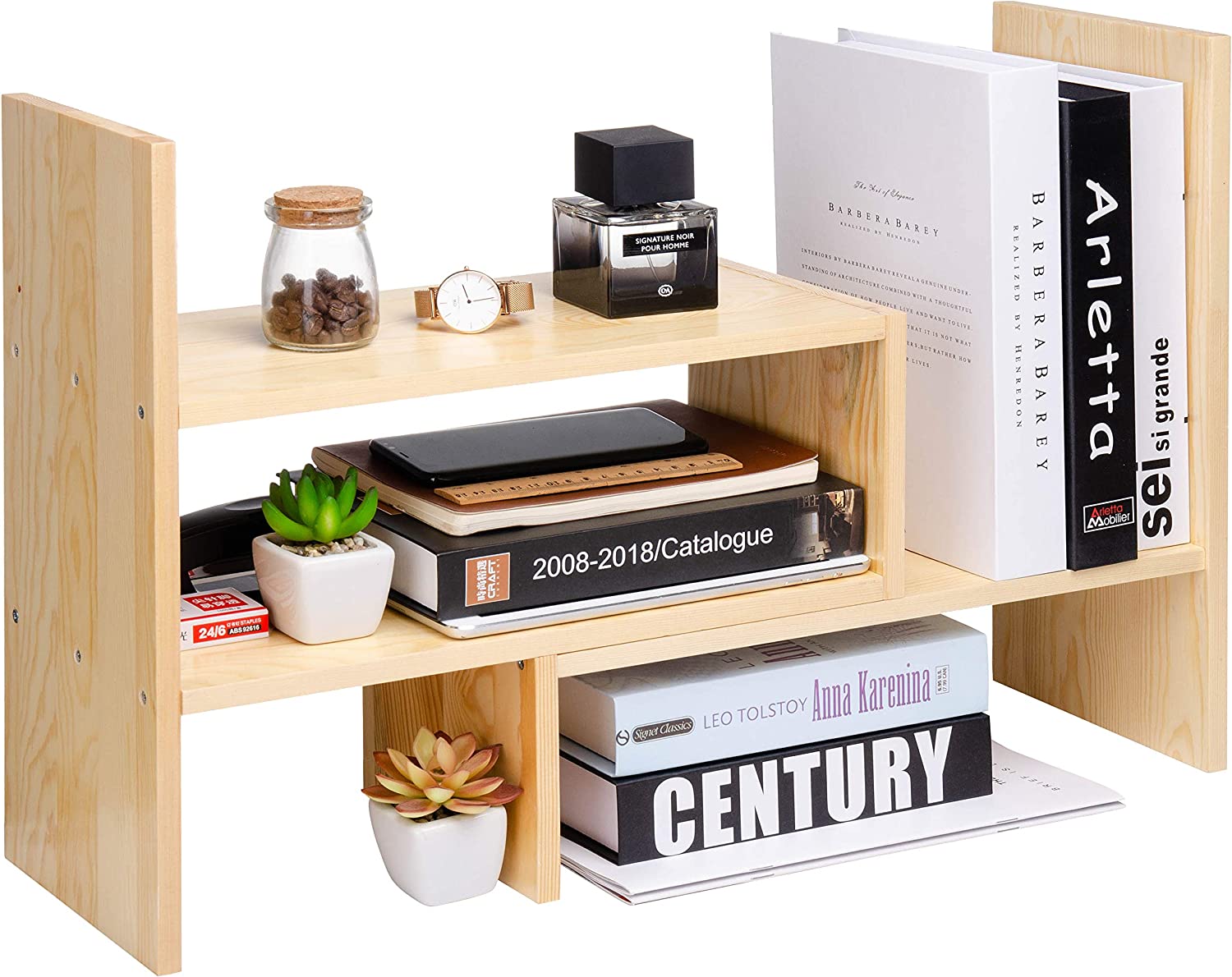 Desktop Organizer Office Storage Rack Adjustable Natural Wood Display ...