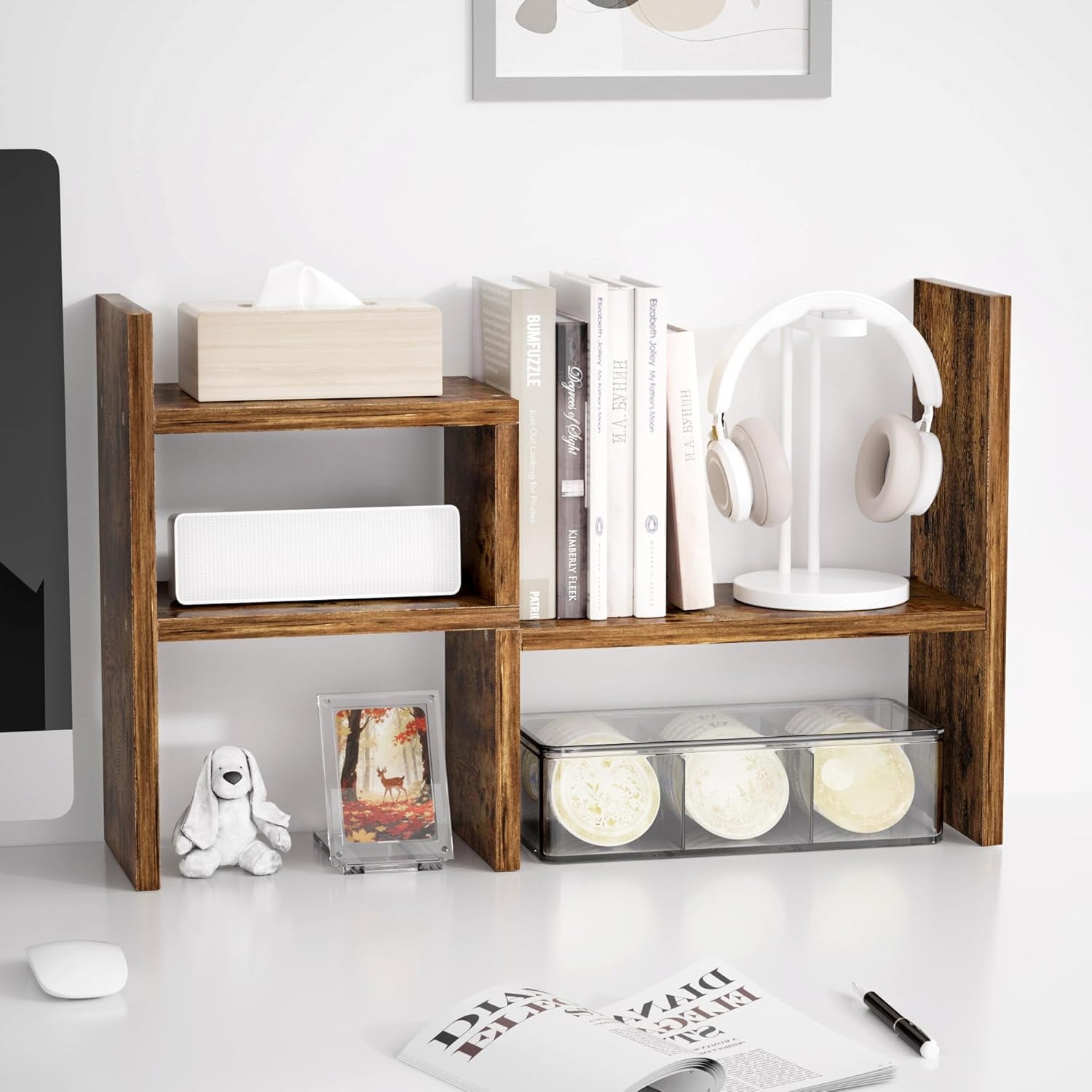 Desktop Organizer Office Storage Rack Adjustable Wood Display Shelf ...
