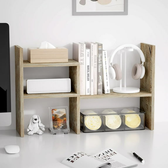 Desktop Organizer Office Storage Rack Adjustable Wood Display Shelf ...