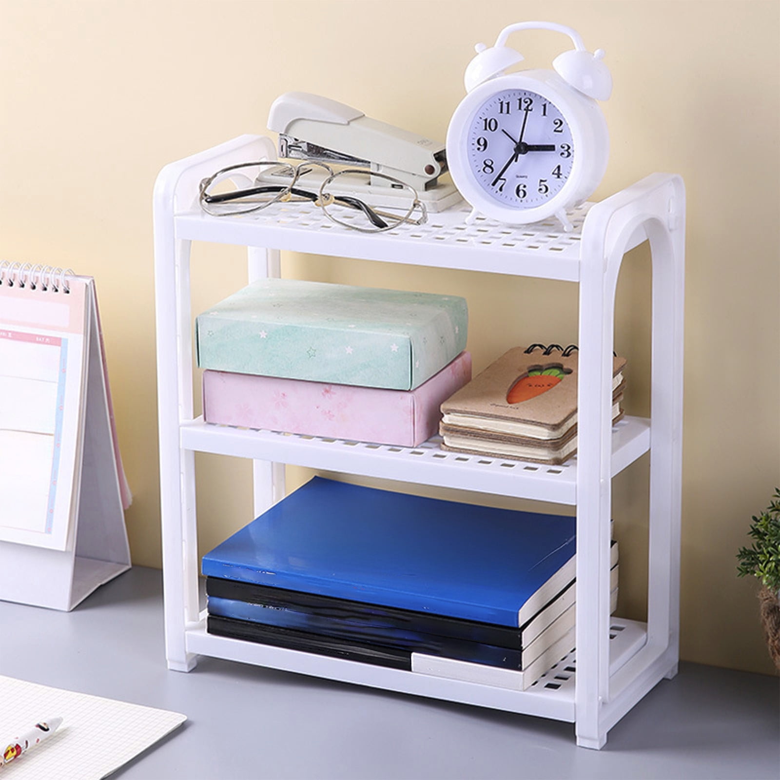 Desktop Organizer Rack, 3-Tier Adjustable Shelf Plastic Storage Holder ...