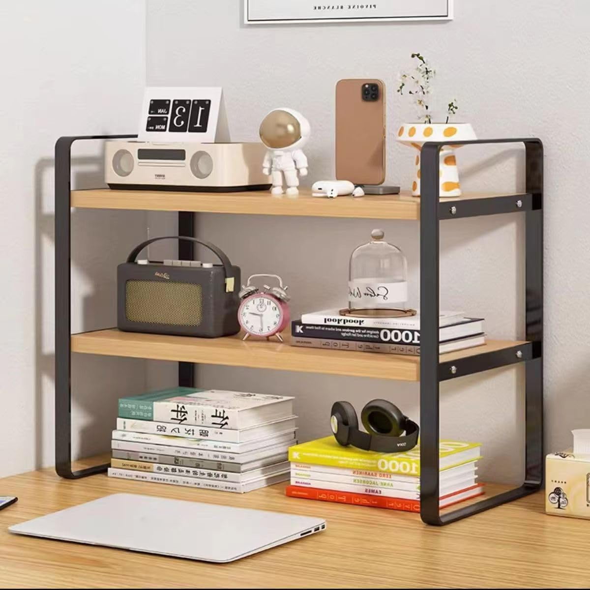 Desktop Organizer Shelf, 2-Tier Multipurpose Wood Office Desk Storage ...