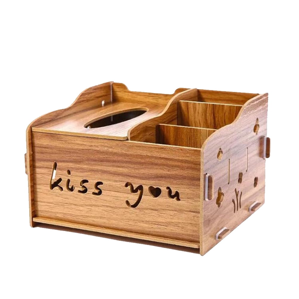 Desktop Organizer, Wooden Tissue Box Multipurpose Holder Pen Container ...