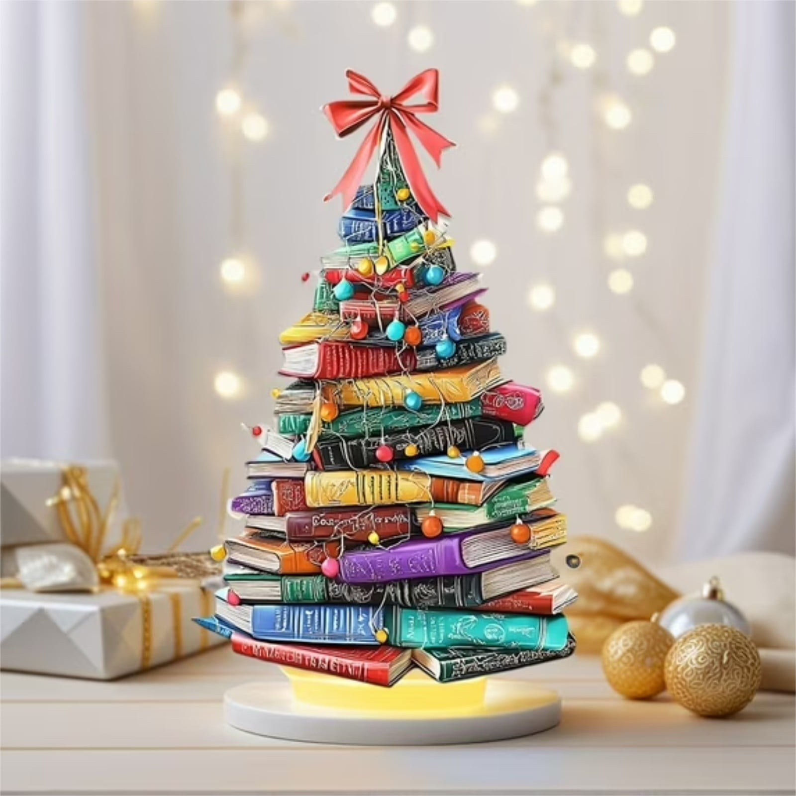 Desktop Ornament,Acrylic 2D Christmas Tree Book Stack Ornament With Red ...