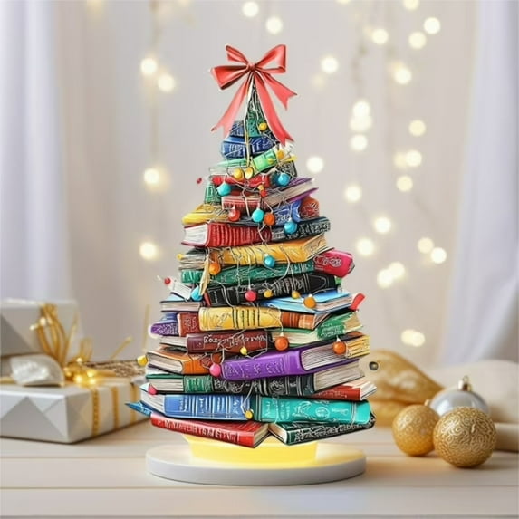 Desktop Ornament,Acrylic 2D Christmas Tree Book Stack Ornament With Red ...