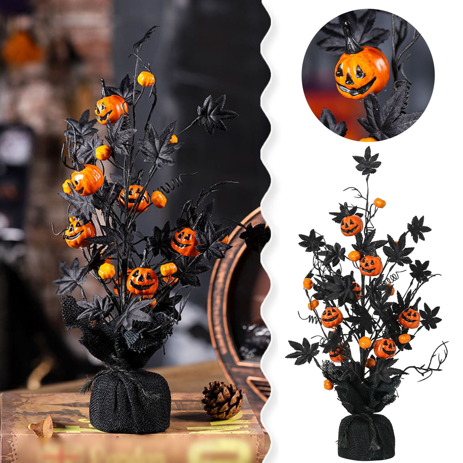 Desktop Ornament Black Small Tree Branches With Pumpkin Maple Leaf Bat ...