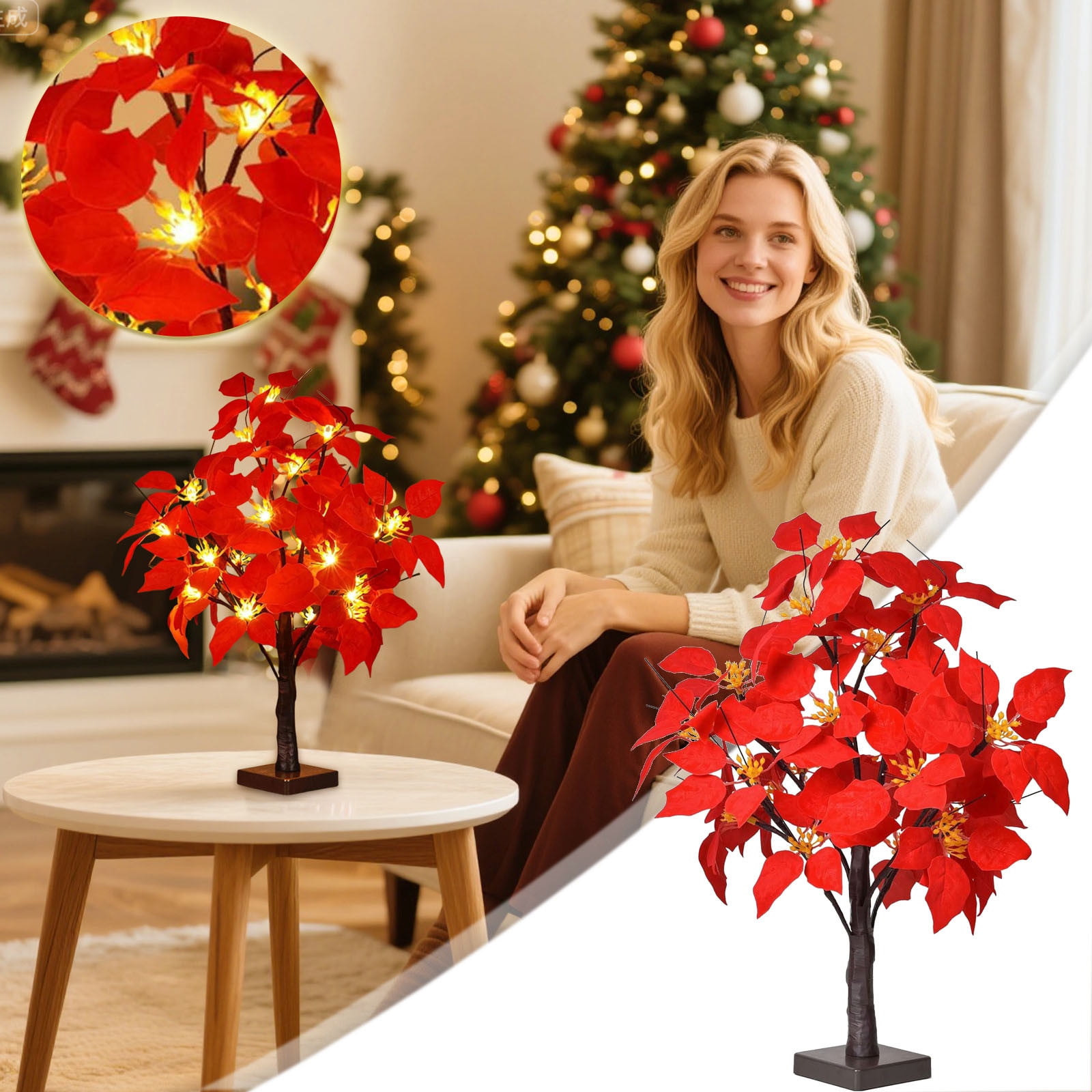 Desktop Ornament LED Luminous Red Berry Flashing Lights Mini Birch ...