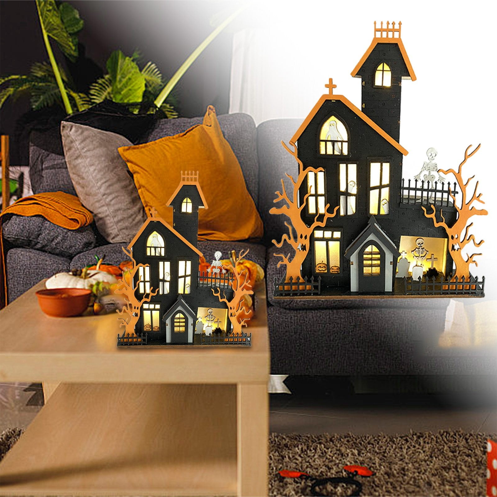 Desktop Ornament Wooden Halloween Craft LED Lighted 3D Home for Desktop ...