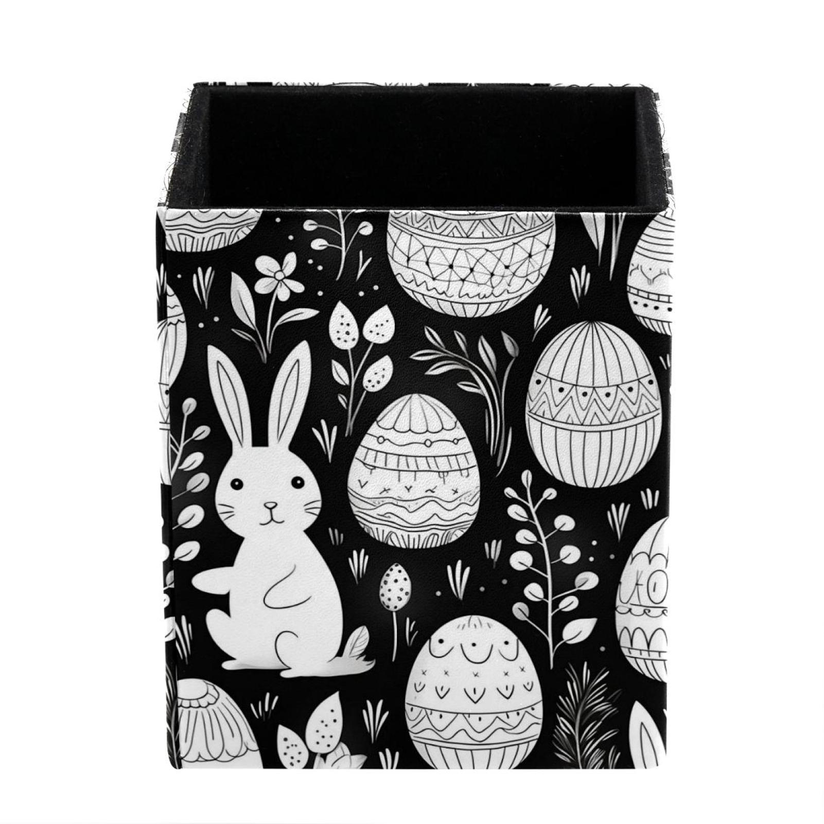 Desktop Pen Holder Bag, Easter Egg Rabbit Black White Leather Pencil ...