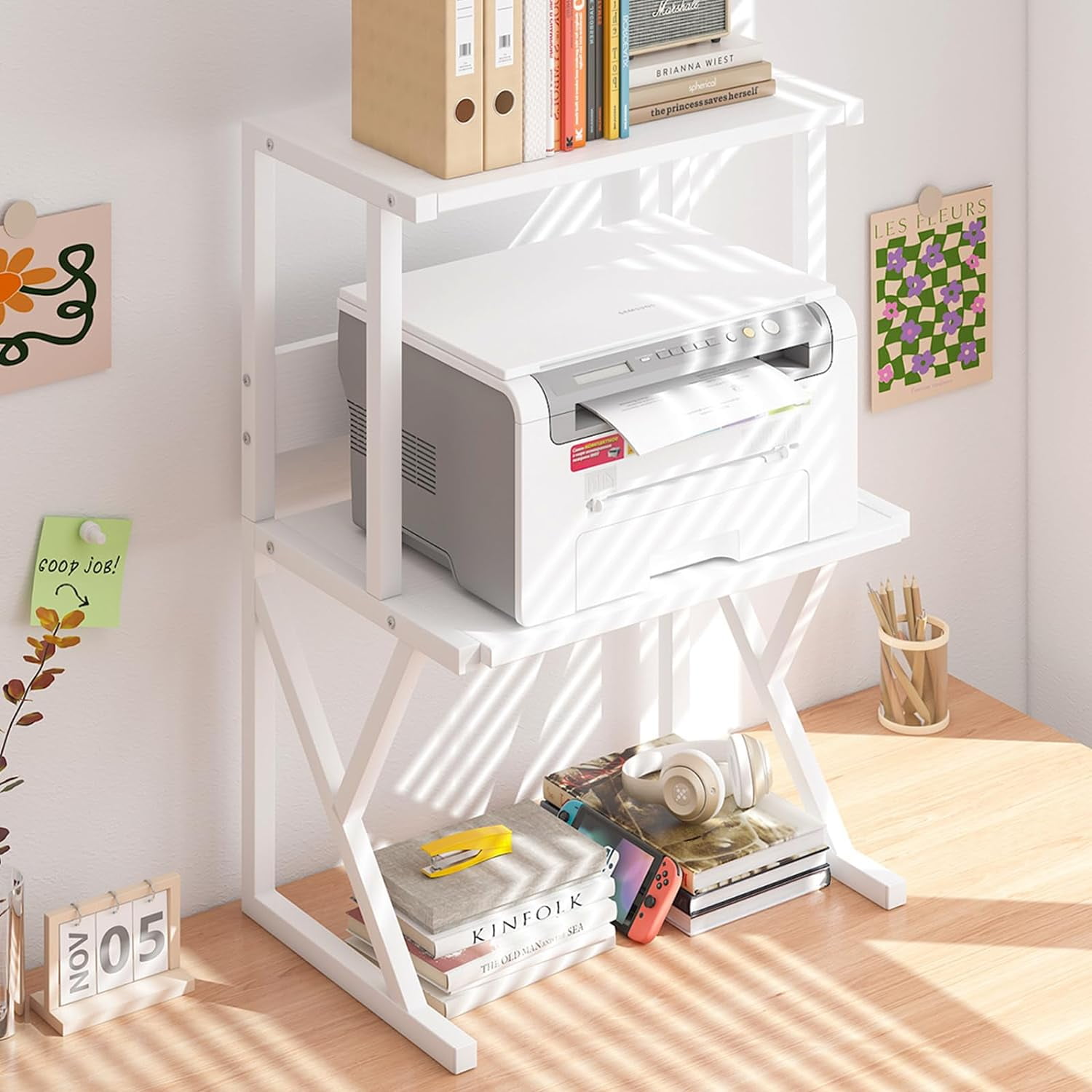 Desktop Printer Stand with 3 Tier Wood Storage Shelves,Under Desk ...
