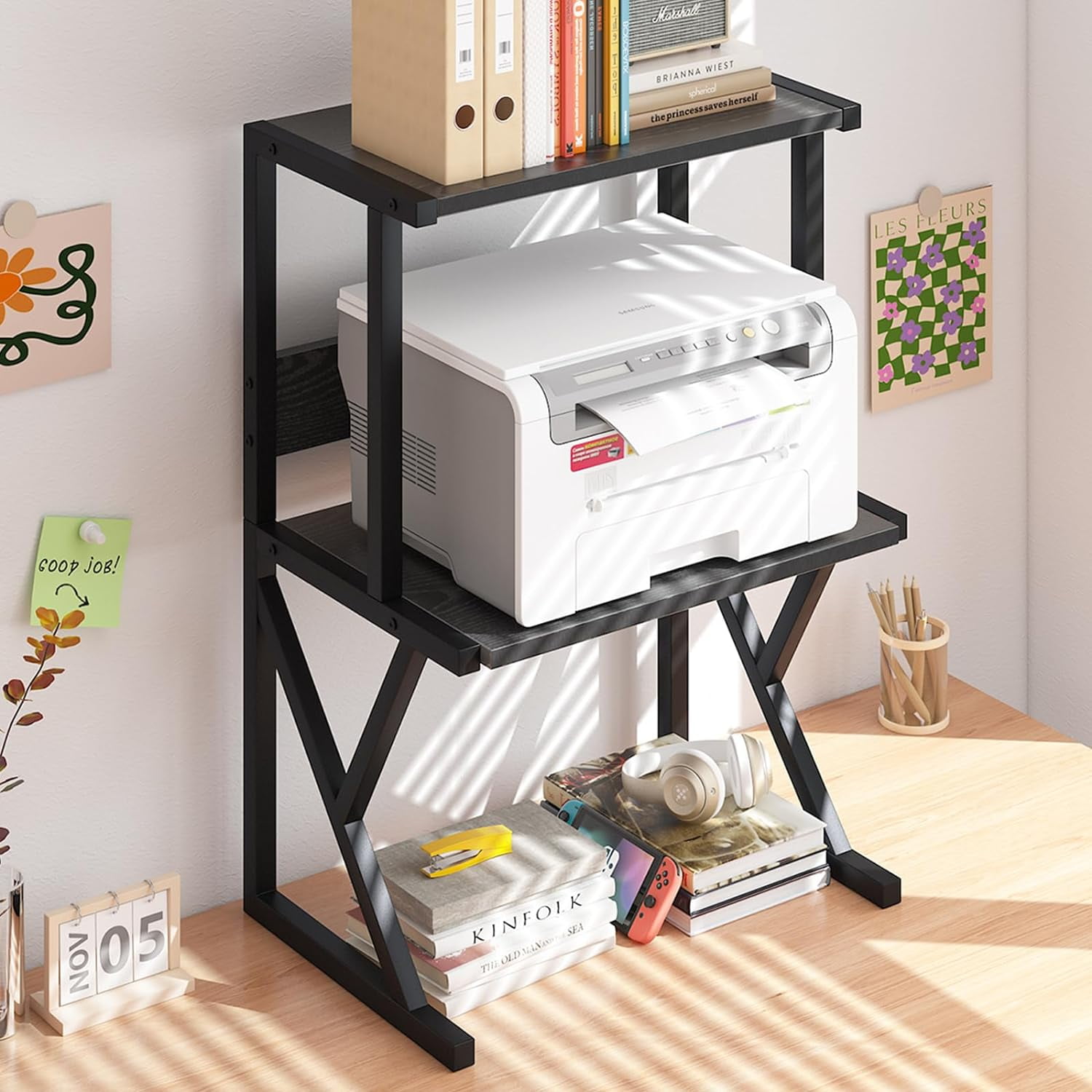 Desktop Printer Stand with 3 Tier Wood Storage Shelves,Under Desk ...
