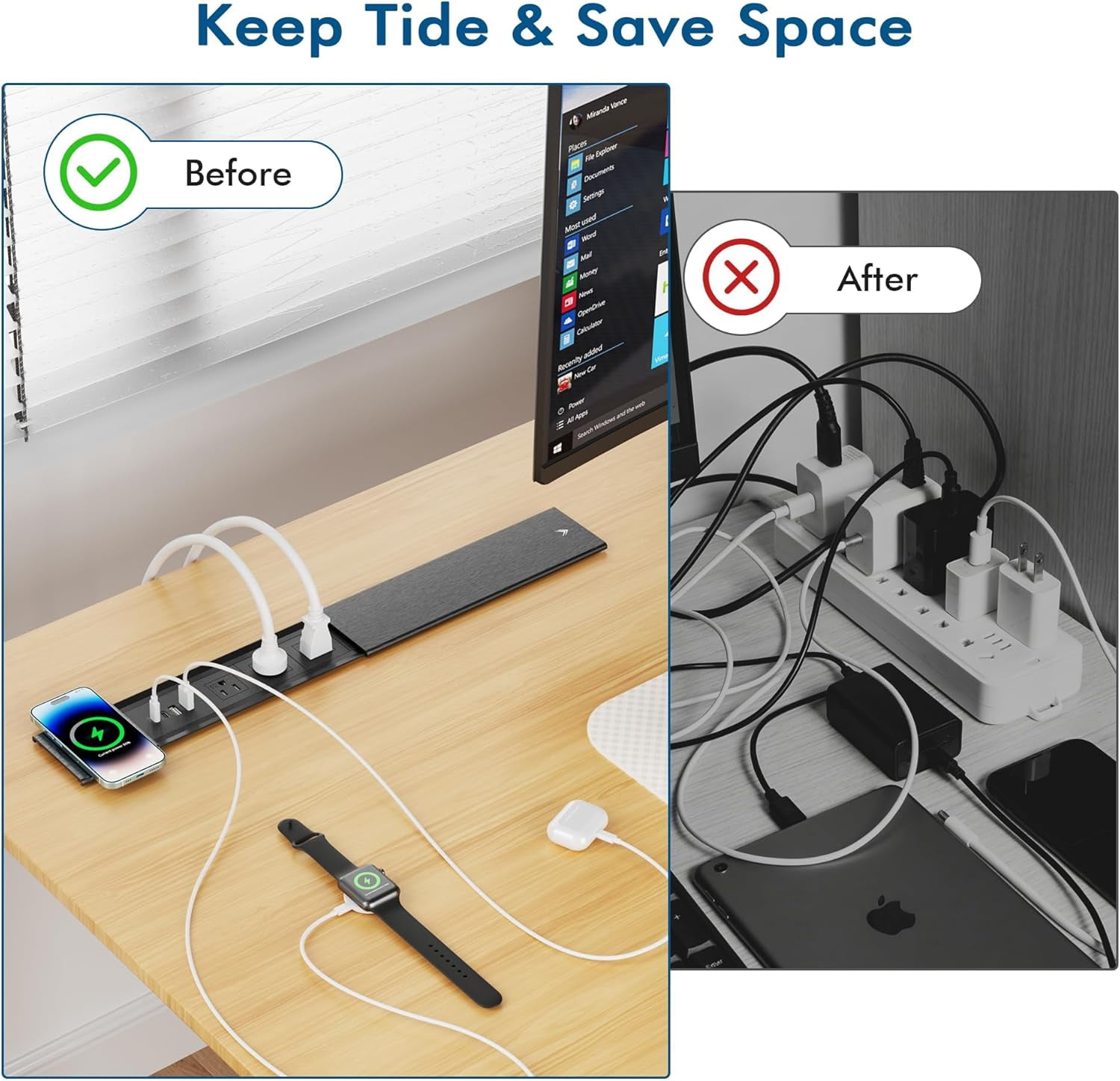 Desktop Recessed Power Strip with 15W Wireless Charging, PD 30W USB C ...
