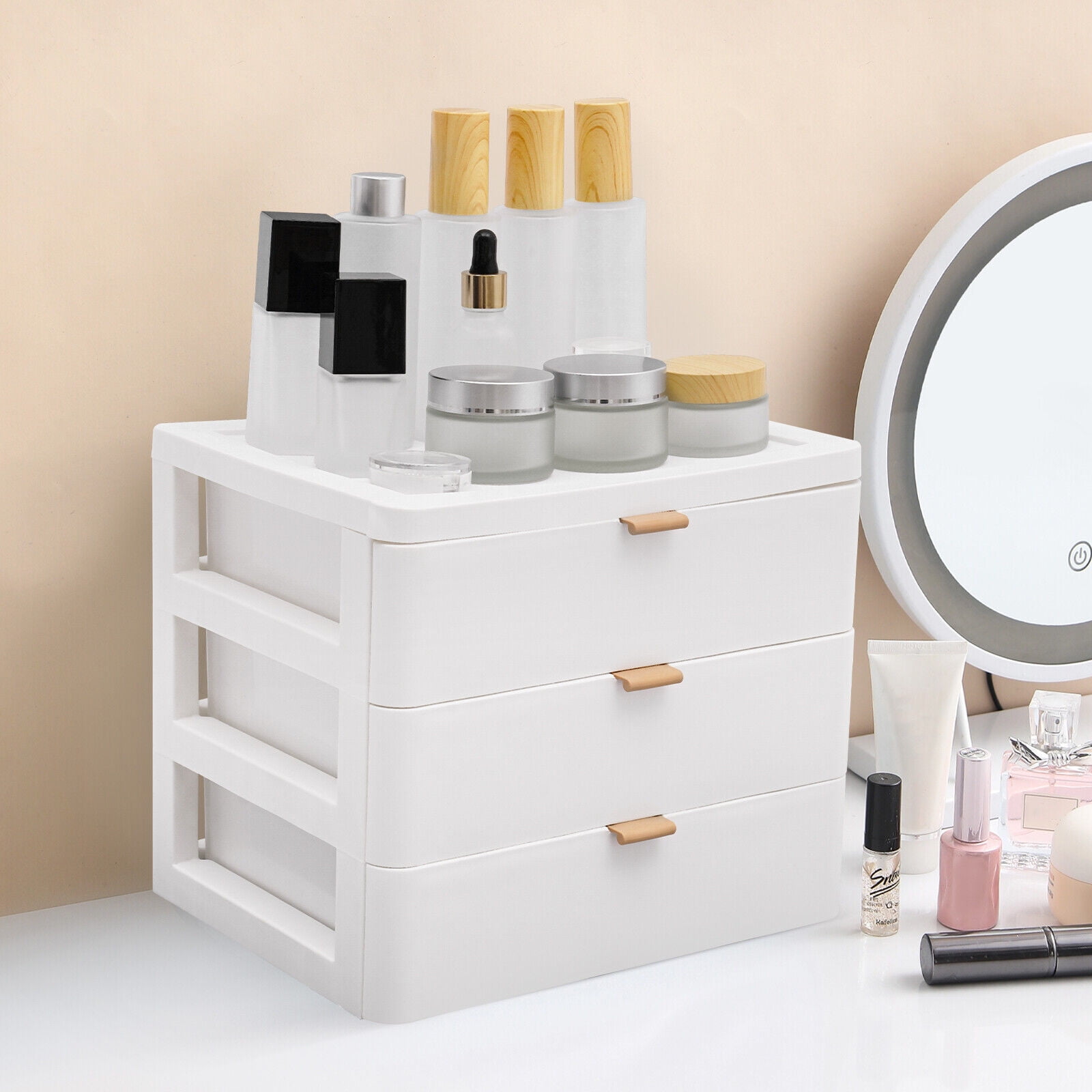 Desktop Storage Box 3-Layer Jewelry Box Desk Organizer with Drawer ...