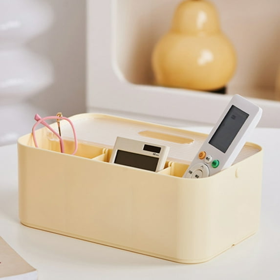 Desktop Storage Box with Compartments - Beige Plastic Organizer for ...