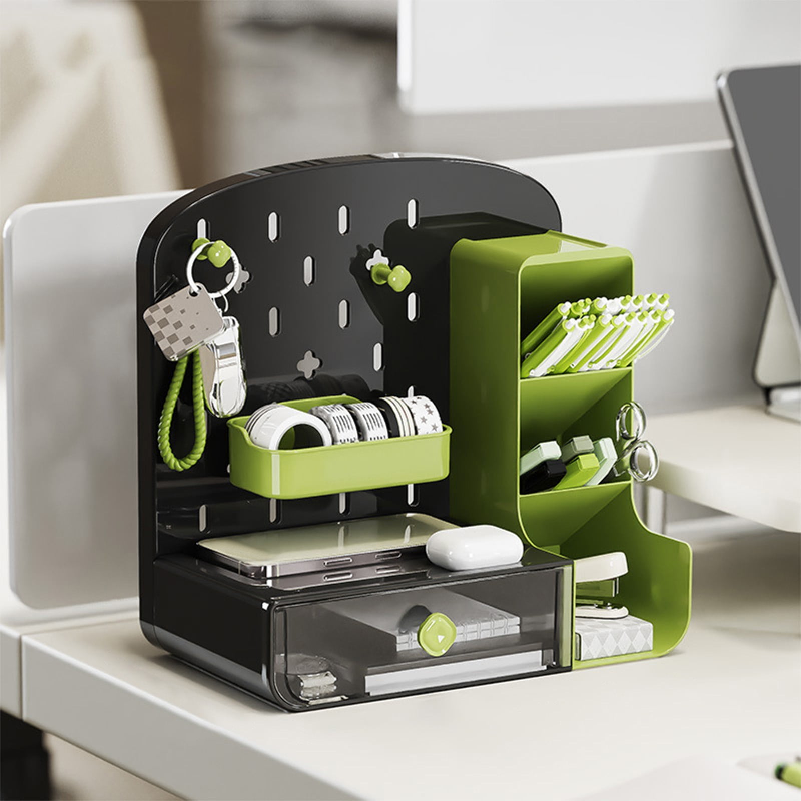 Desktop Storage Rack Organizer, Green Plastic with Drawers and Pegboard ...