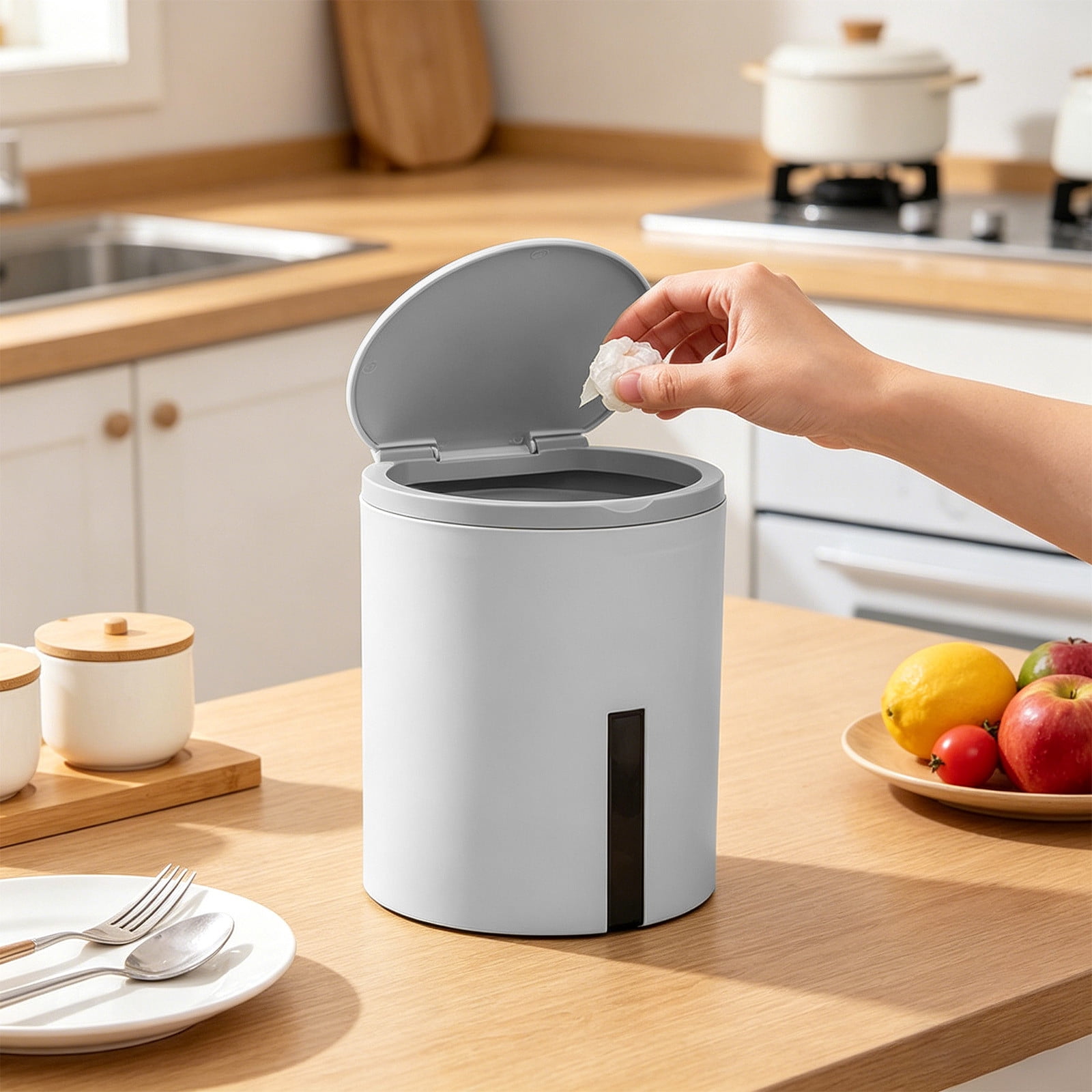 Desktop Trash Can with Lid Control, Durable Plastic Mini Waste Bin ...