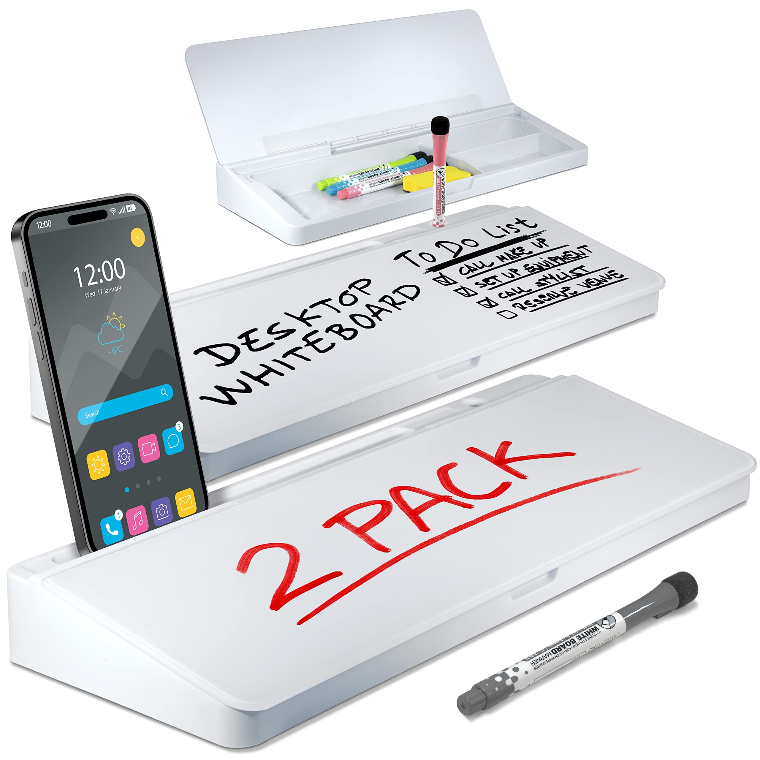 Desktop Whiteboard with Storage Compartment and Phone & Tablet Slot, 2 ...
