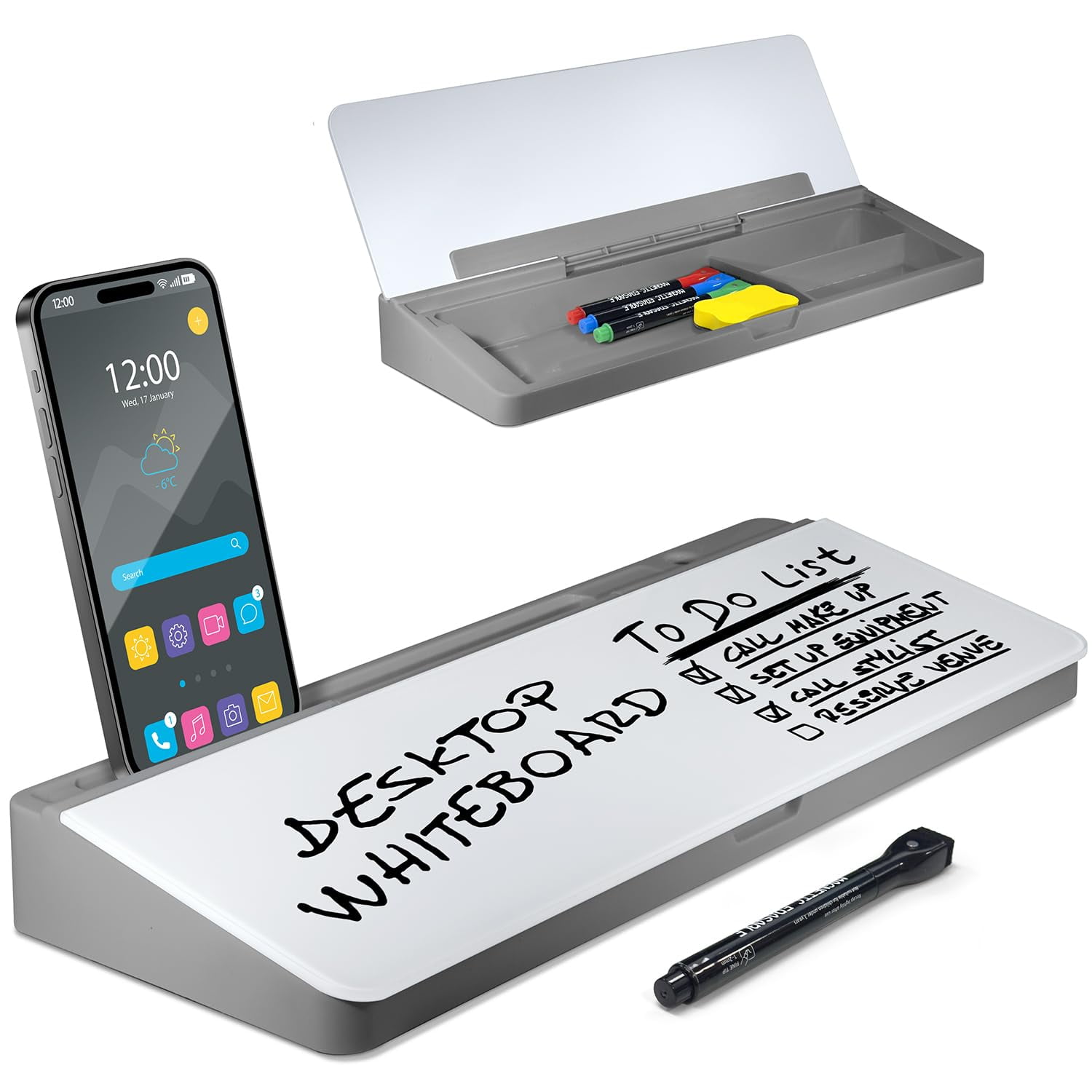 Desktop Whiteboard with Storage Compartment and Phone & Tablet Slot ...