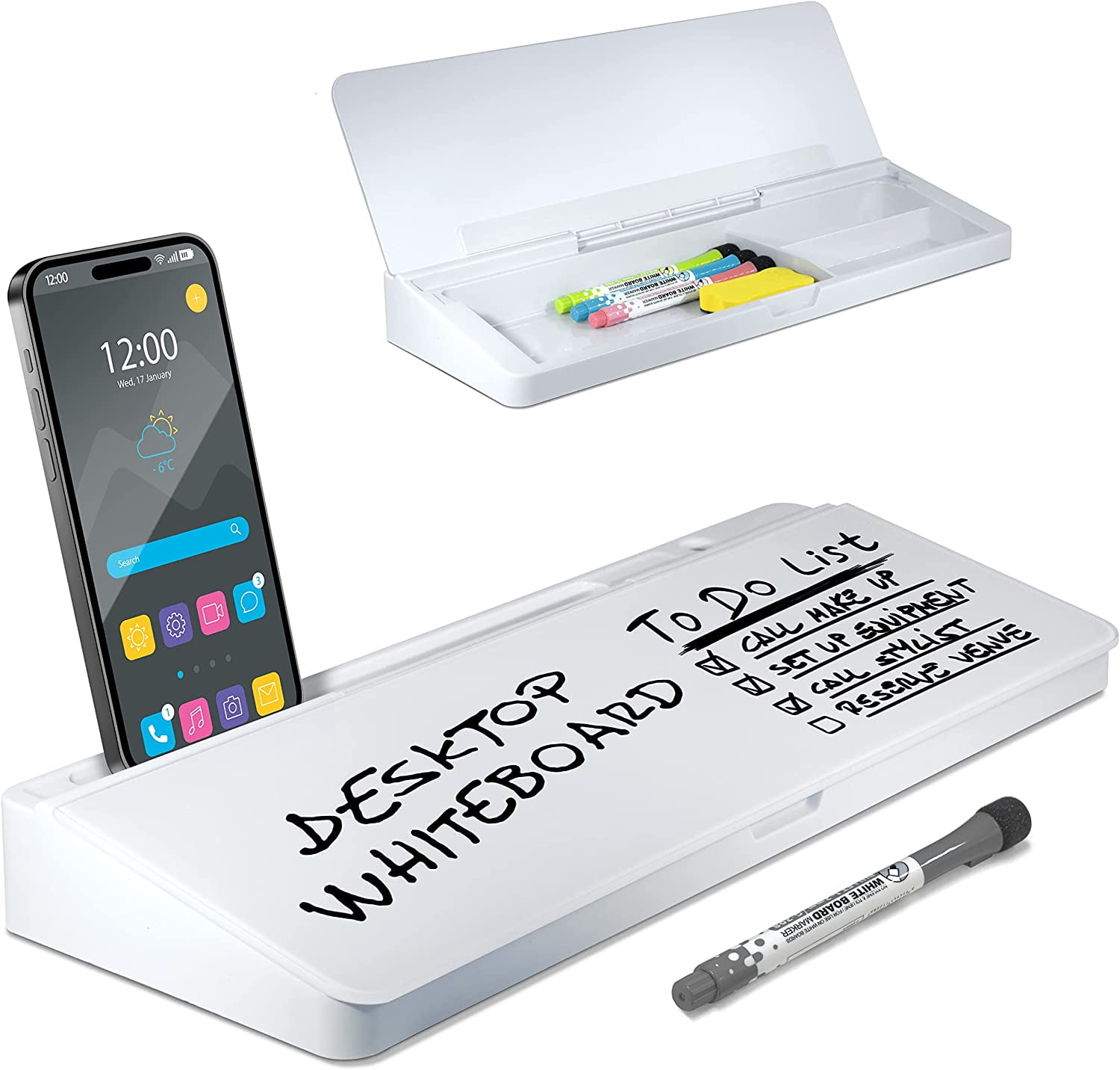 Desktop Whiteboard with Storage Compartment and Phone & Tablet Slot ...