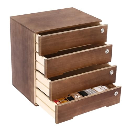 Desktop Wooden Drawer Organizer Box, Wooden Storage Box with 4 Lockable ...