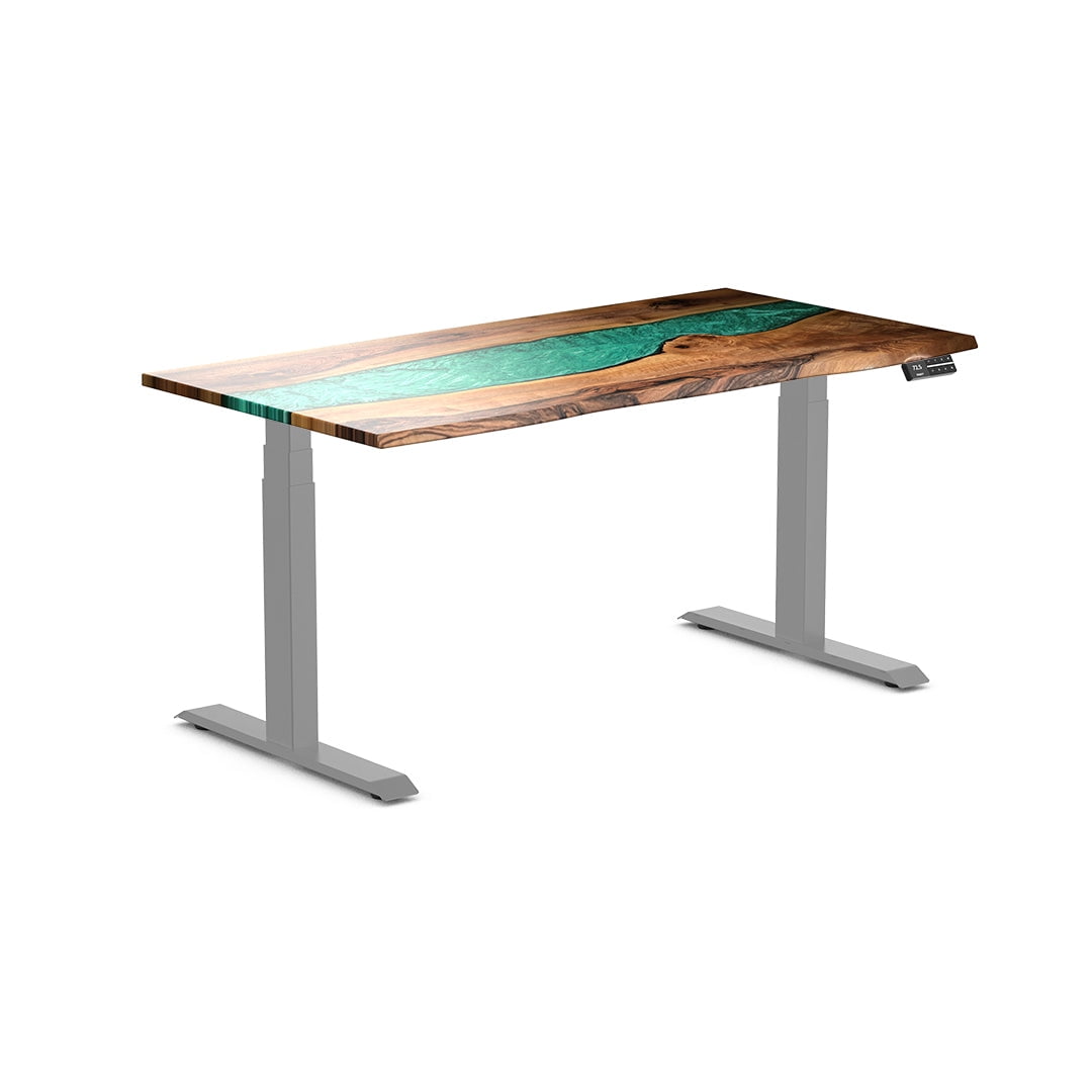Desky Dual Resin Hardwood Sit Stand Desk - Natural Walnut Emerald River ...