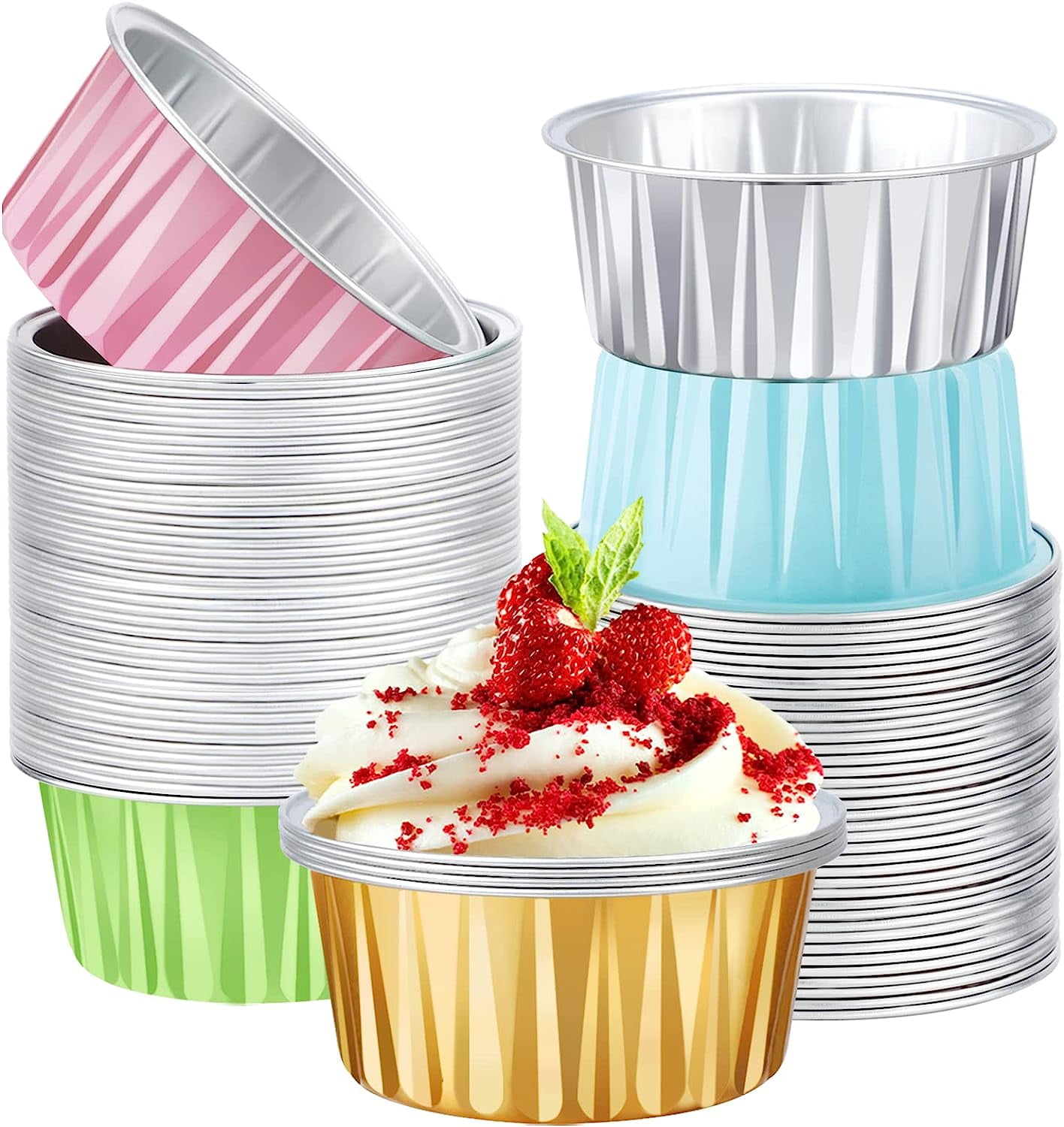 Dessert Cups 5oz, 100pcs Aluminum Foil Disposable Creme Brulee Baking ...