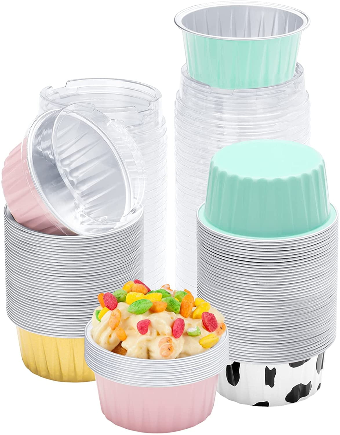 Dessert Cups with Lids, 100pcs 4 Colors Mixed Foil Cupcake Containers ...