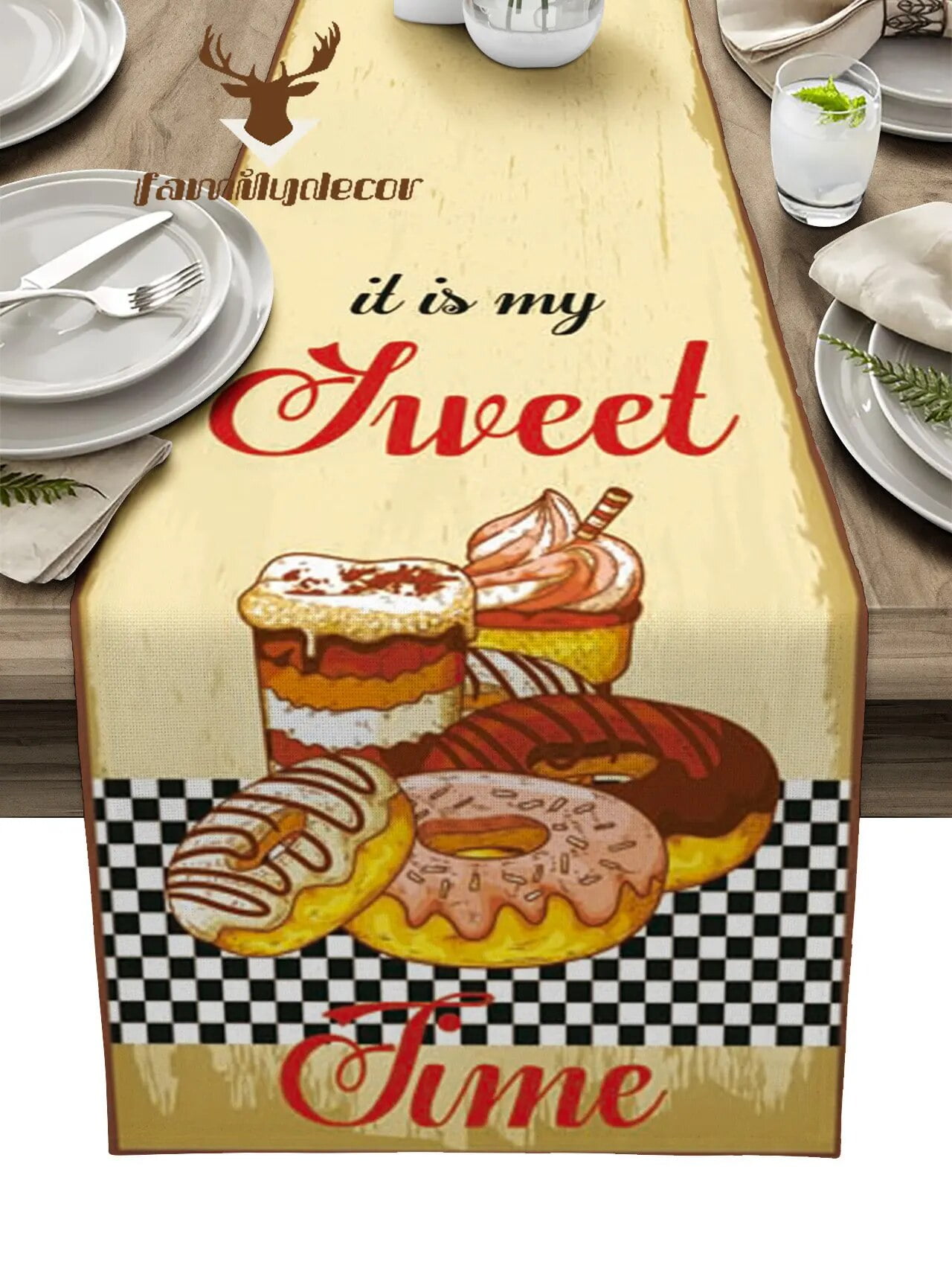 Dessert Food Donut Plaid Table Runner Home Wedding Table Flag Mat Table ...